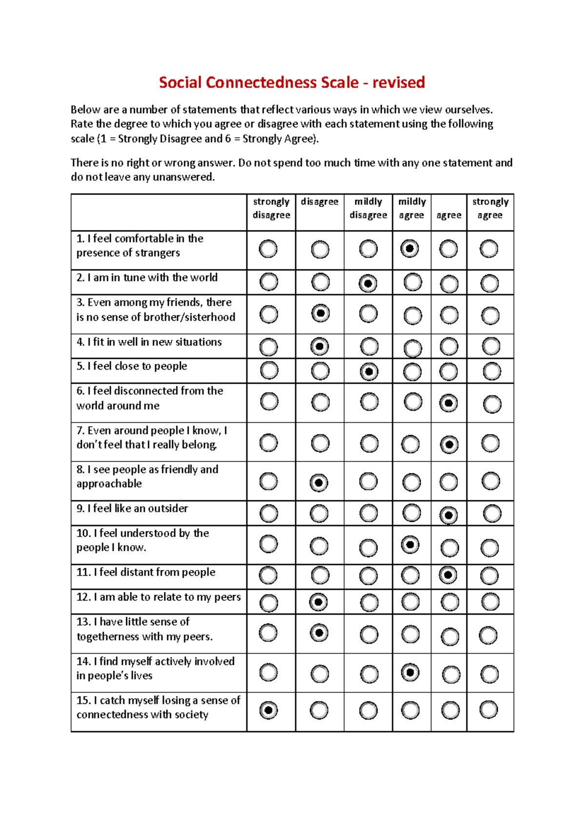 Deedee 3 - Social Connectedness Scale - revised Below are a number of ...