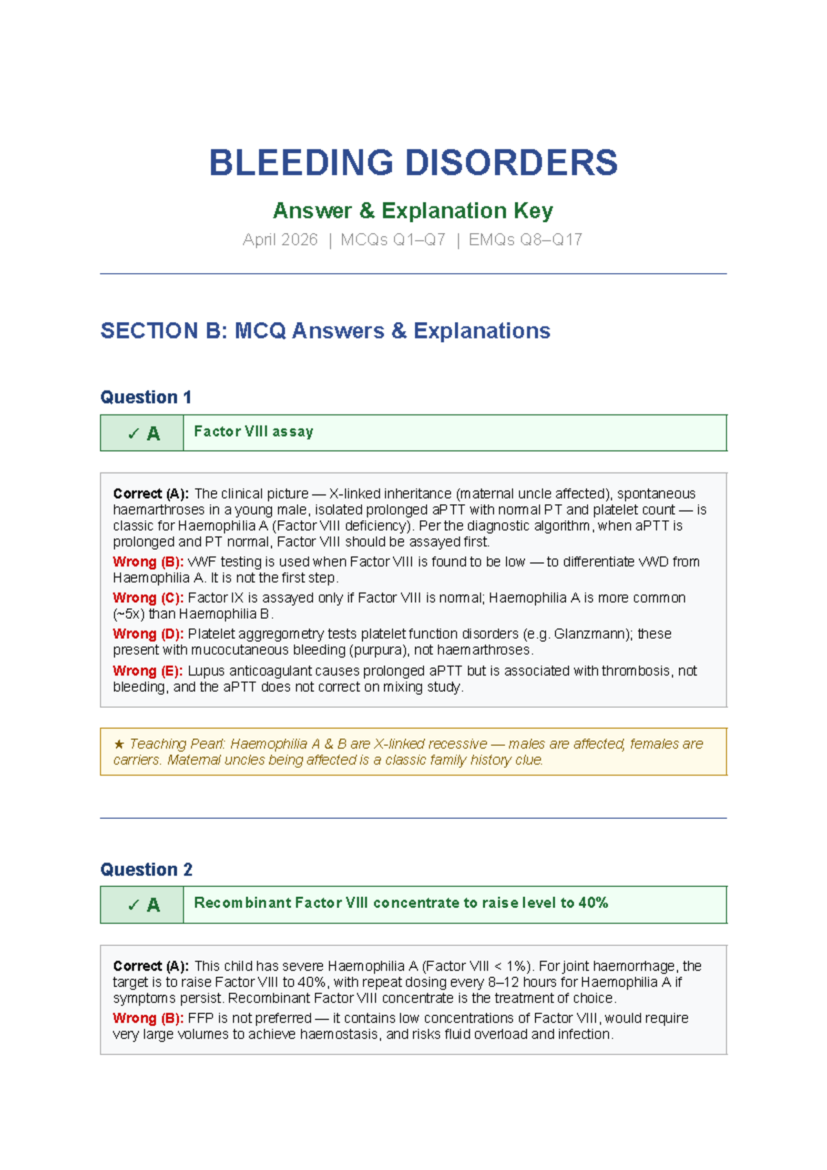 Bleeding Disorders (MCQs & EMQs) Answer Key - April 2026 - Studocu