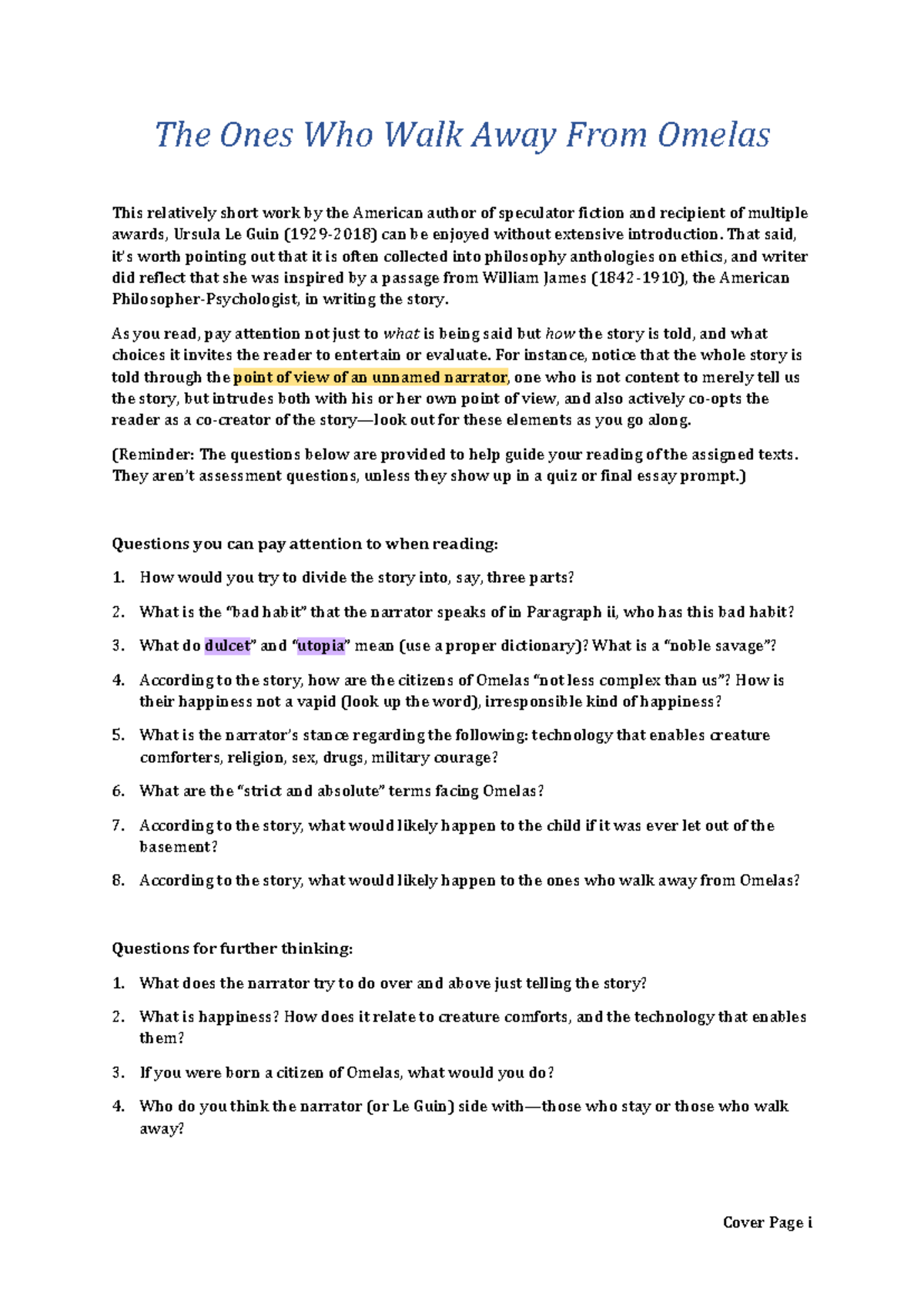 UCL 1: Reading Guide for "The Ones Who Walk Away from Omelas" - Studocu