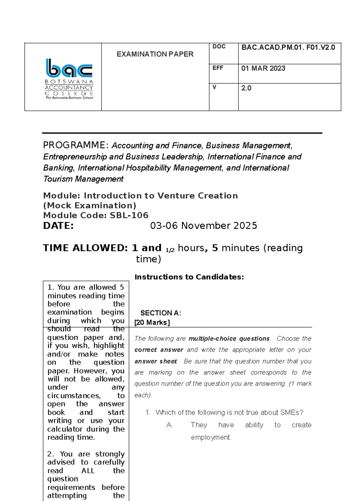 Introduction to Venture Creation - Mock Exam BAC.ACAD.PM.01 - Studocu