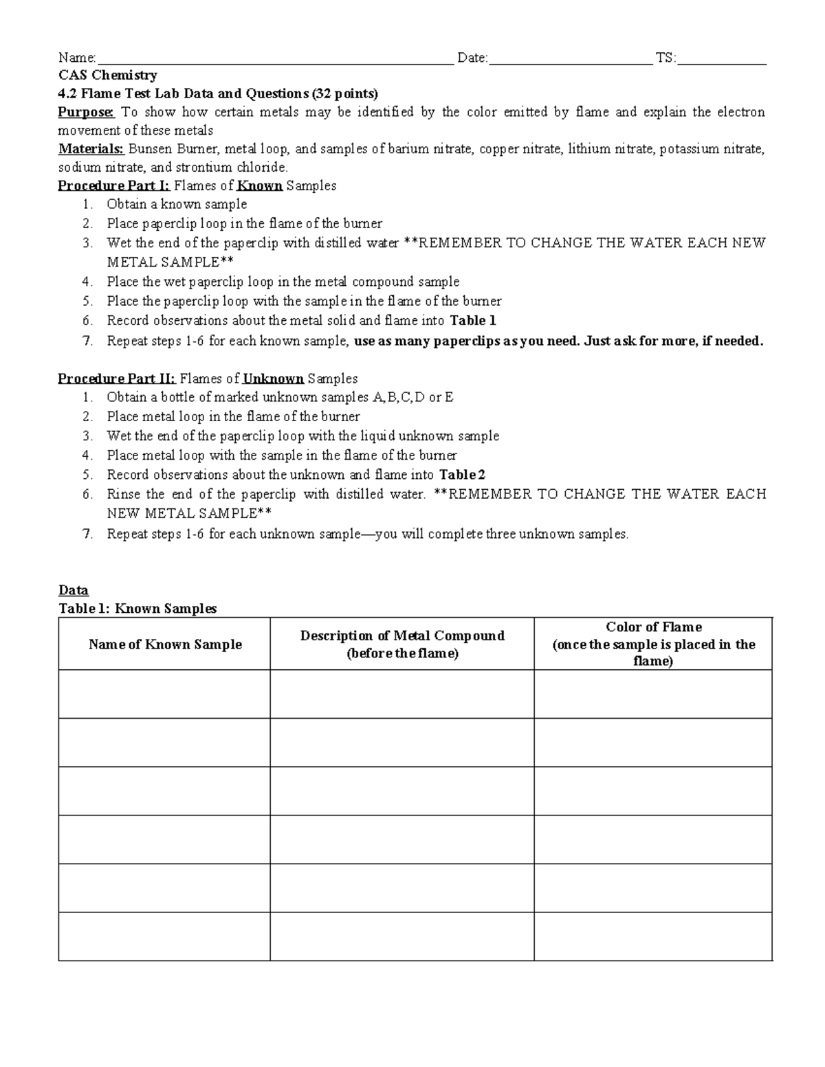 CAS Chemistry 4.2 Flame Test Lab Report: Data & Analysis - Studocu
