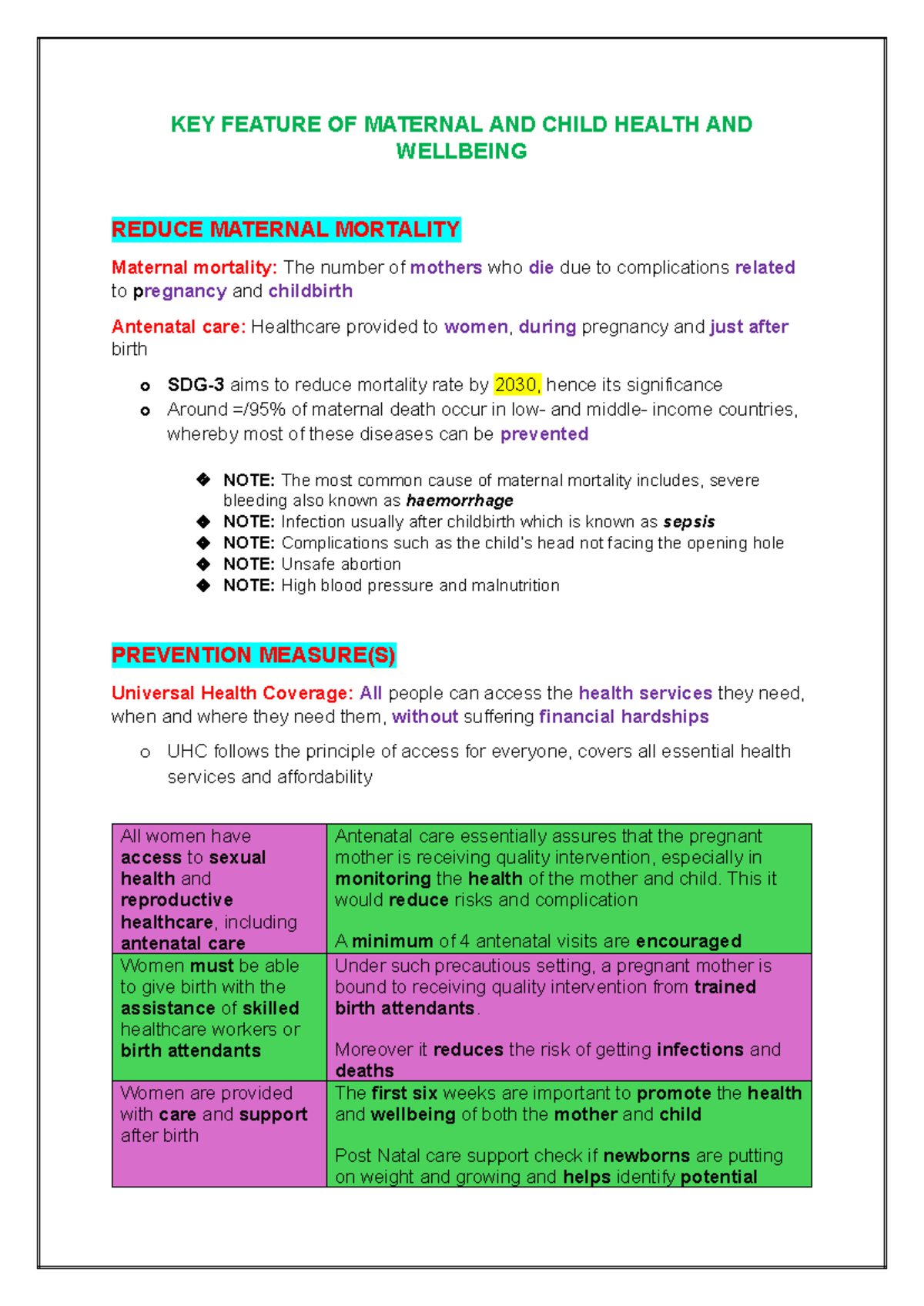Key Features of Maternal & Child Health: Reducing Mortality - Studocu