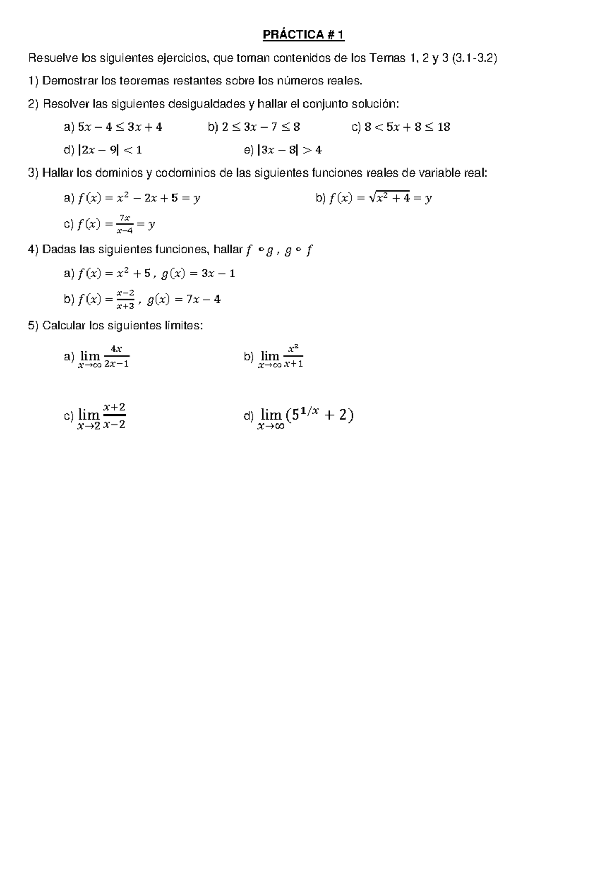 Práctica 1: Ejercicios de Teoremas y Funciones (Temas 1-3) - Studocu