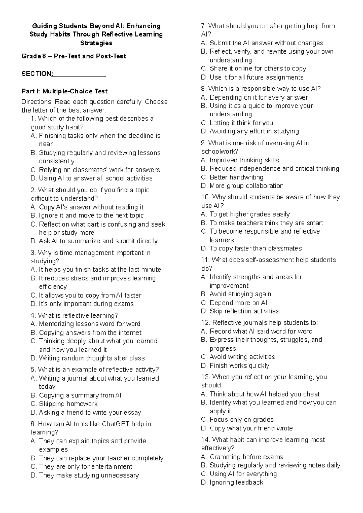 Pre-Post Test Grade 8: AI and Reflective Learning Strategies - Studocu