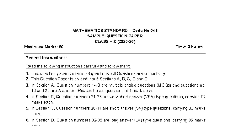 Mathematics Standard Code No. 041 Sample Question Paper for Class X ...
