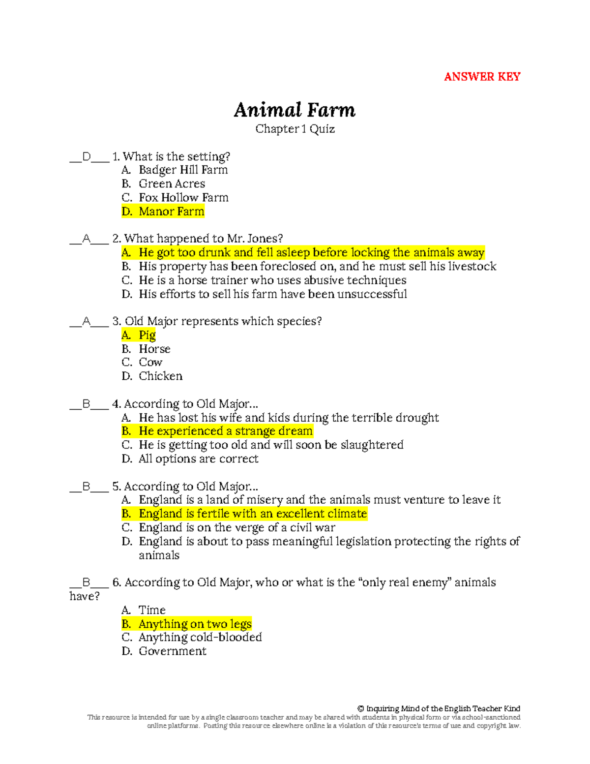 Key+-+Animal+Farm+Chapter+1+Quiz - ANSWER KEY Animal Farm Chapter 1 ...