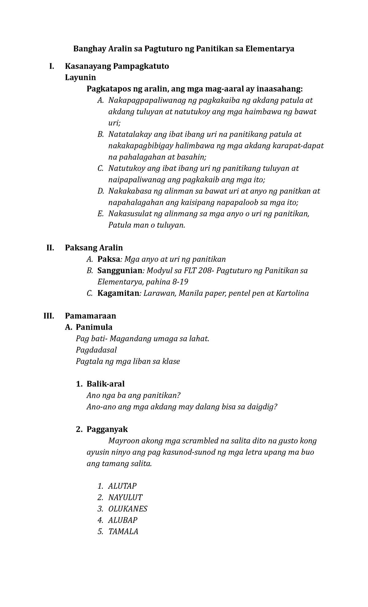 Banghay Aralin sa Pagtuturo ng Panitikan sa Elementarya - Kasanayang Pampagkatuto Layunin ...