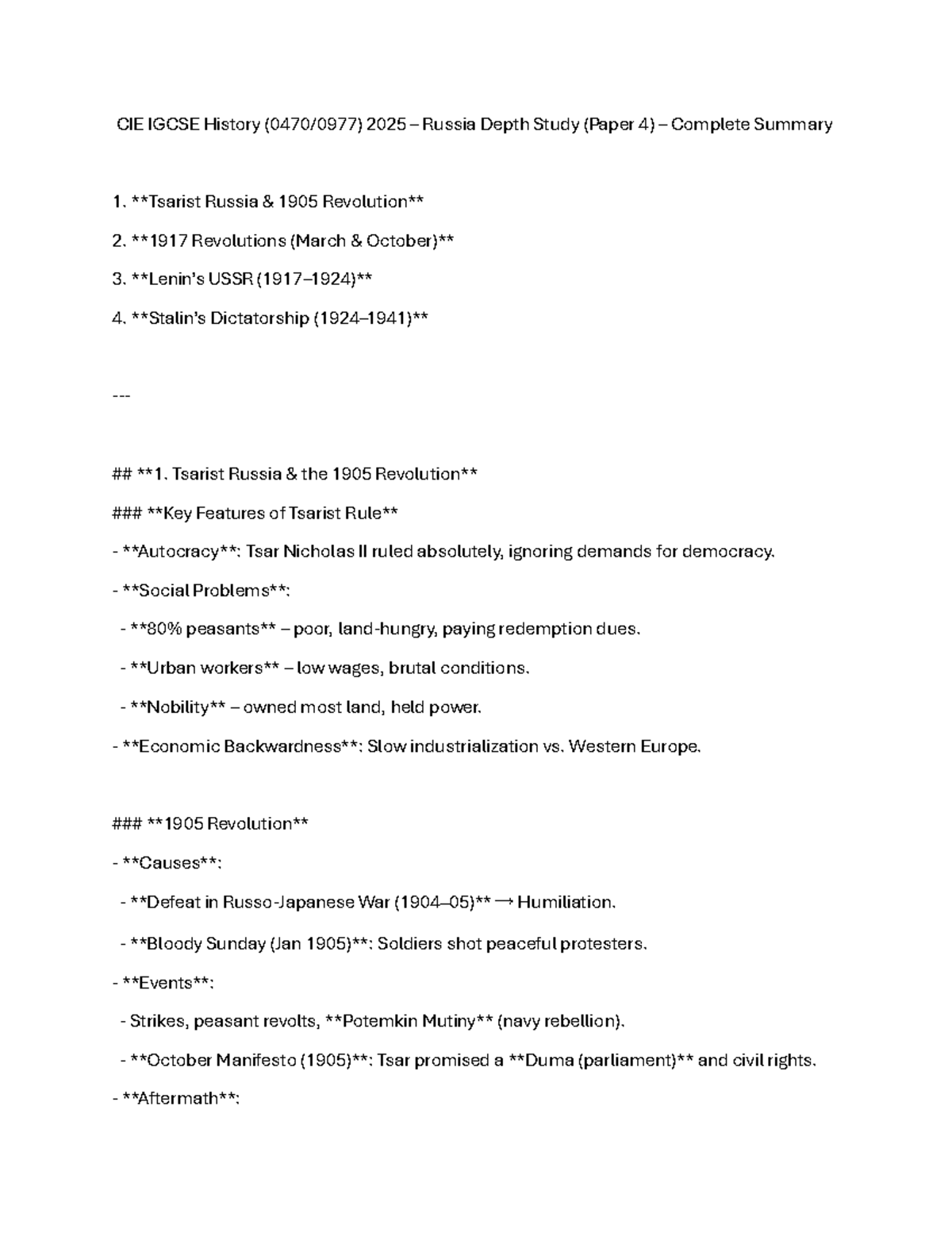 CIE IGCSE History 2025: Russia Depth Study Complete Summary - Studocu
