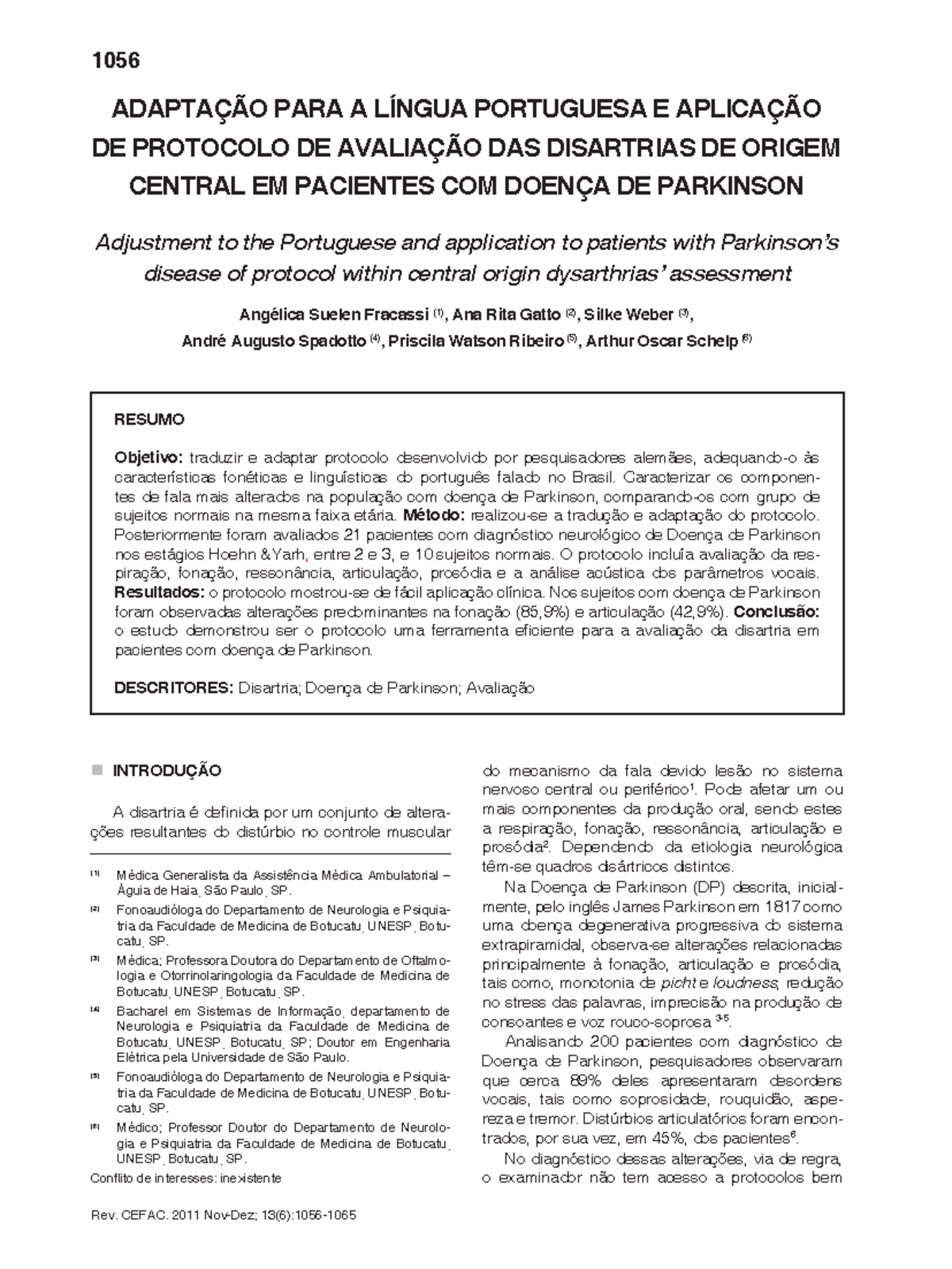 1056 AVALIAÇÃO DAS DISARTRIAS EM PACIENTES COM DOENÇA DE PARKINSON ...