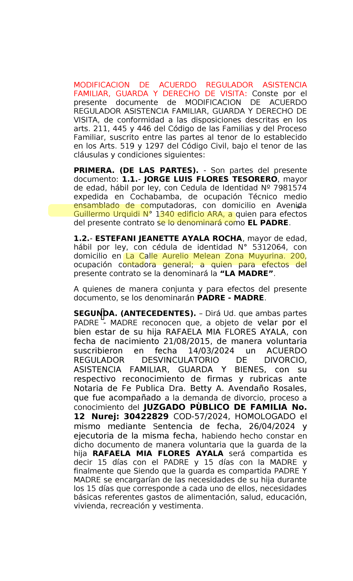 Modificación de Acuerdo Regulador de Asistencia Familiar y Guarda - Studocu