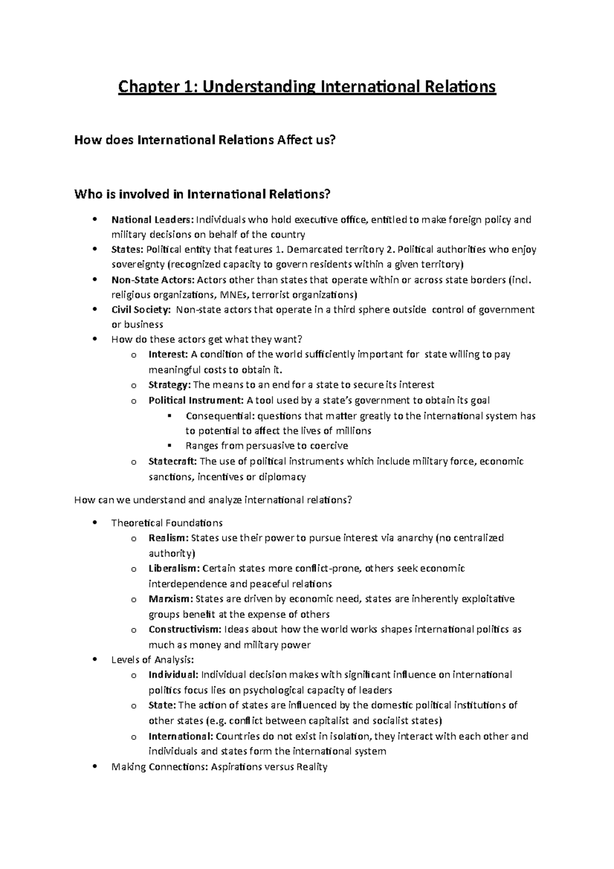 Chapter 1 - Summary: Intro to Int'l Relations & Key Actors - Studocu