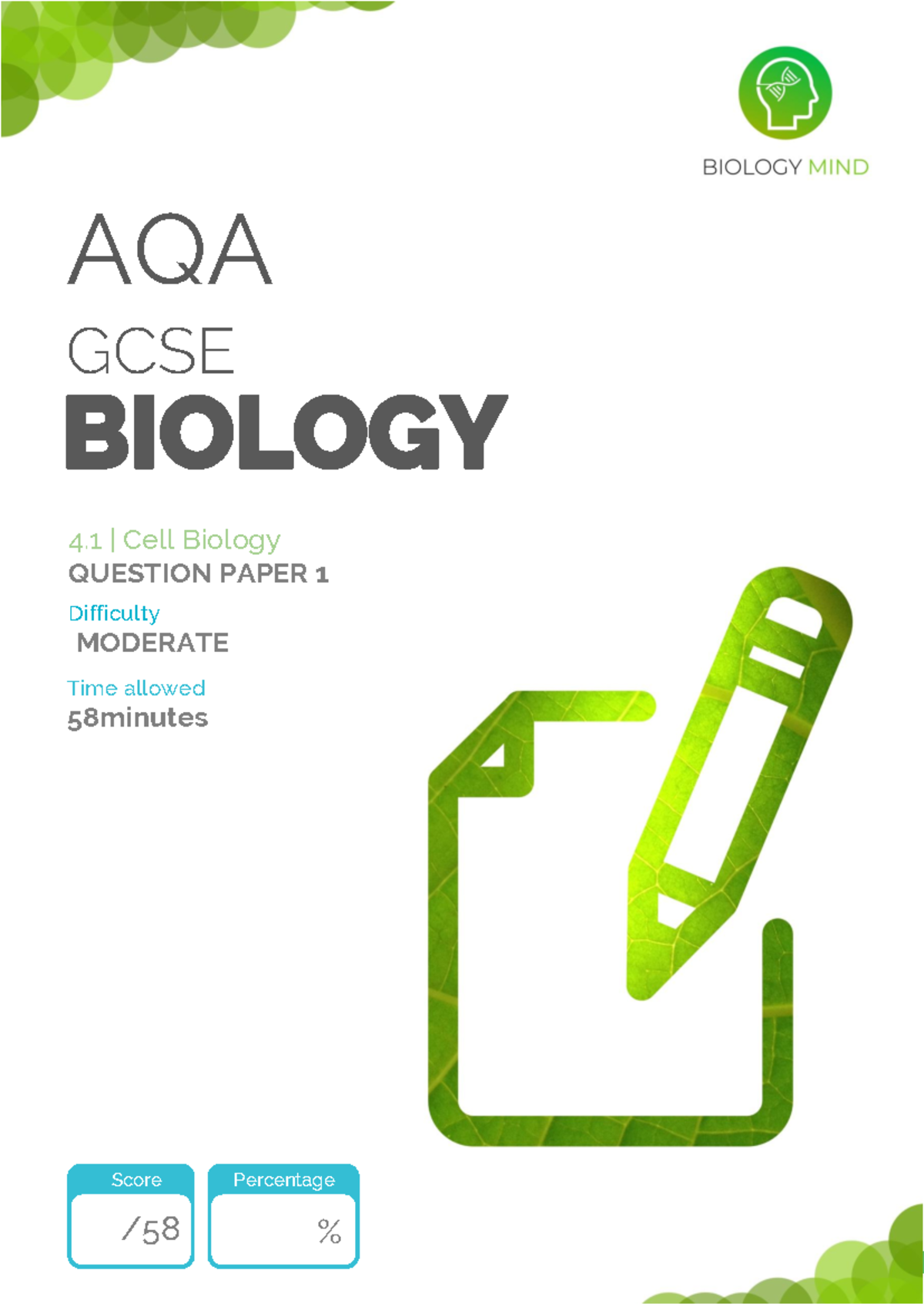 AQA GCSE BIOLOGY 4.1 Cell Biology QUESTION PAPER 1 (Moderate) - Studocu