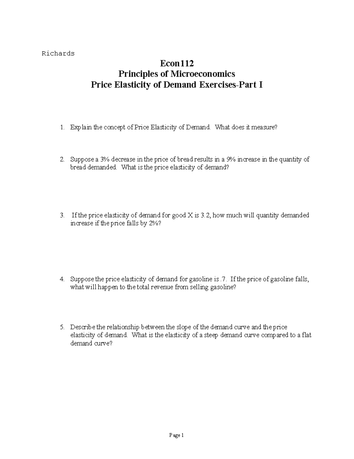 Price Elasticity of Demand Exercises for Principles of Microeconomics ...