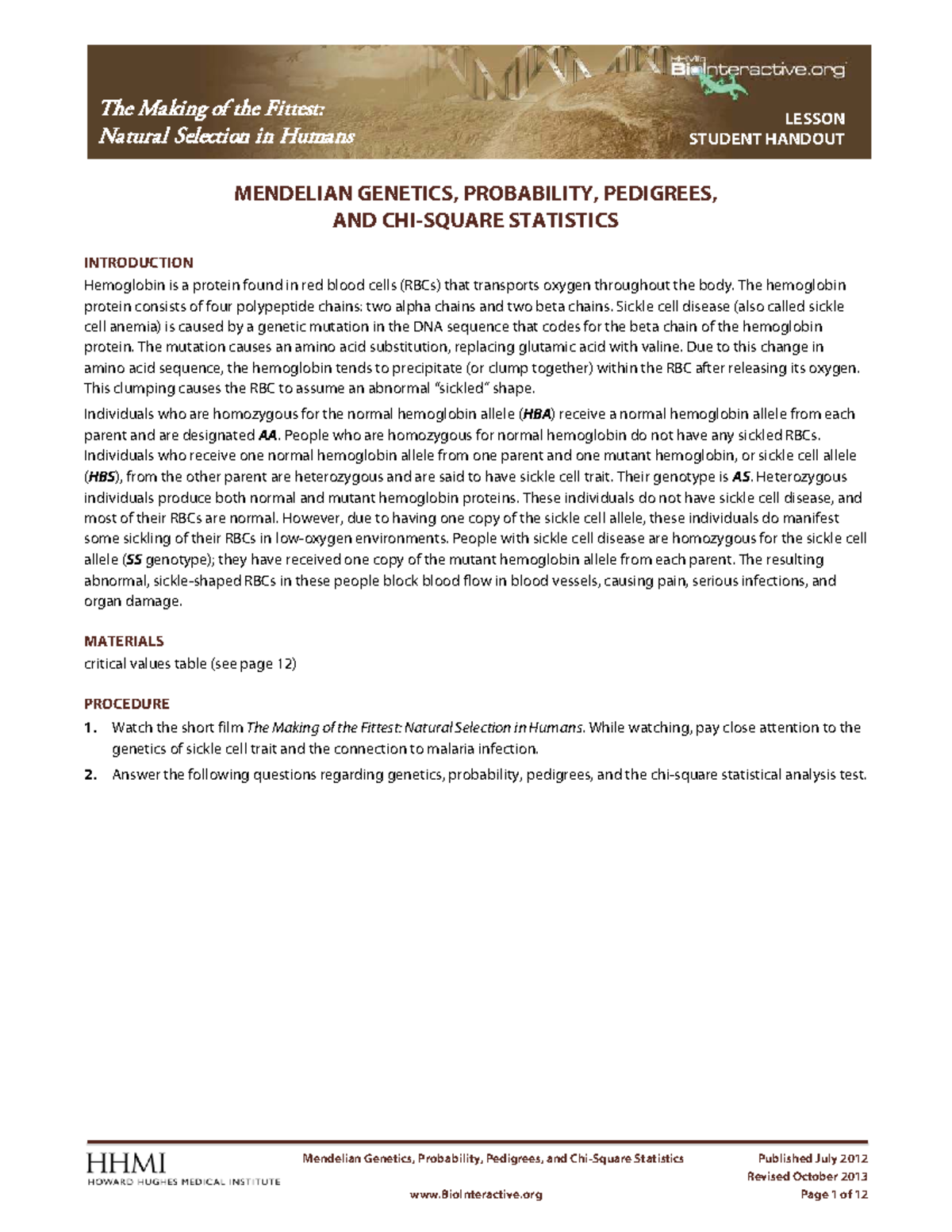Sickle Cell Genetics: Mendelian Concepts & Chi-Square Analysis - A S ...