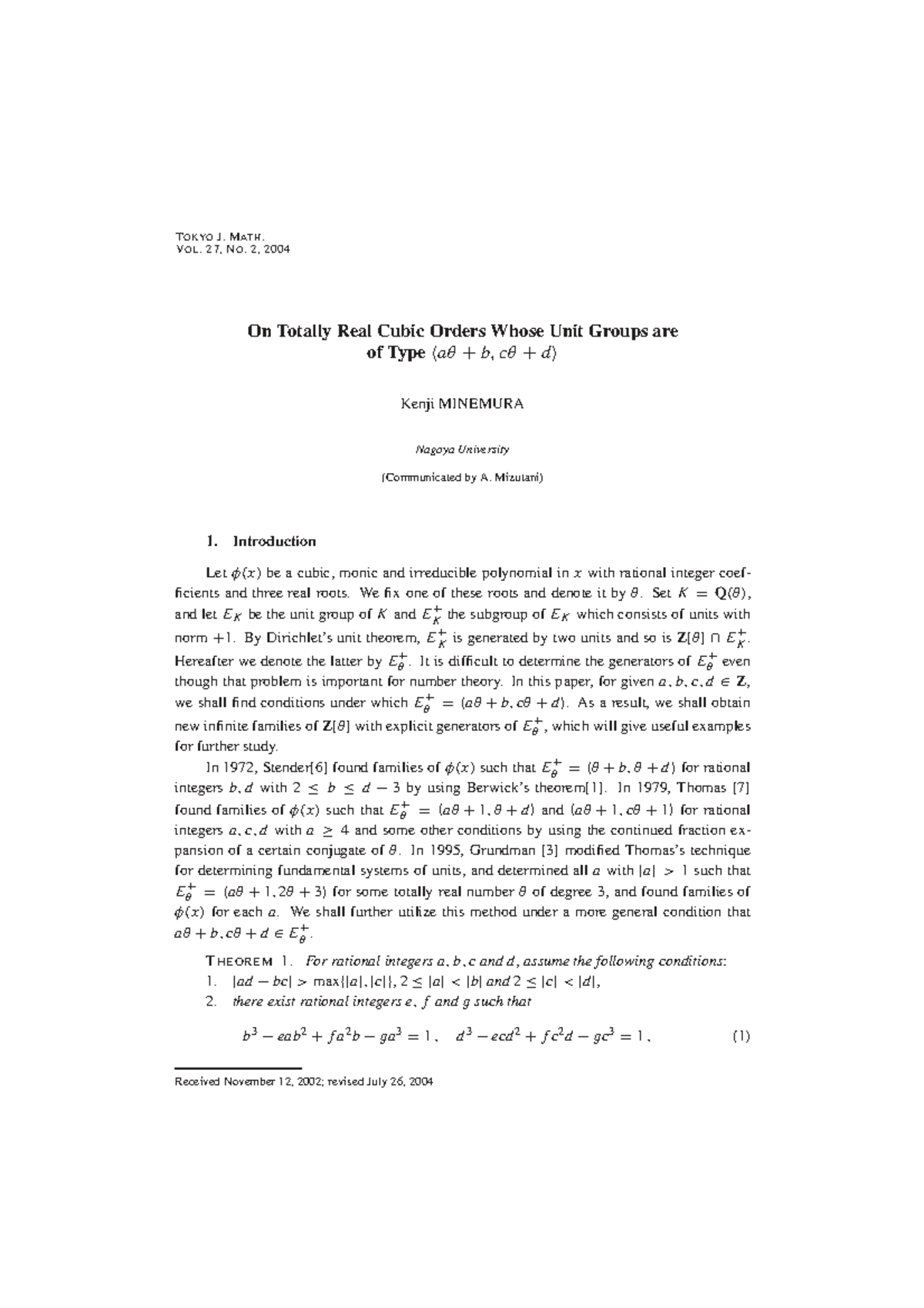On Totally Real Cubic Orders with Unit Groups of Type b, cθ (Tokyo J ...