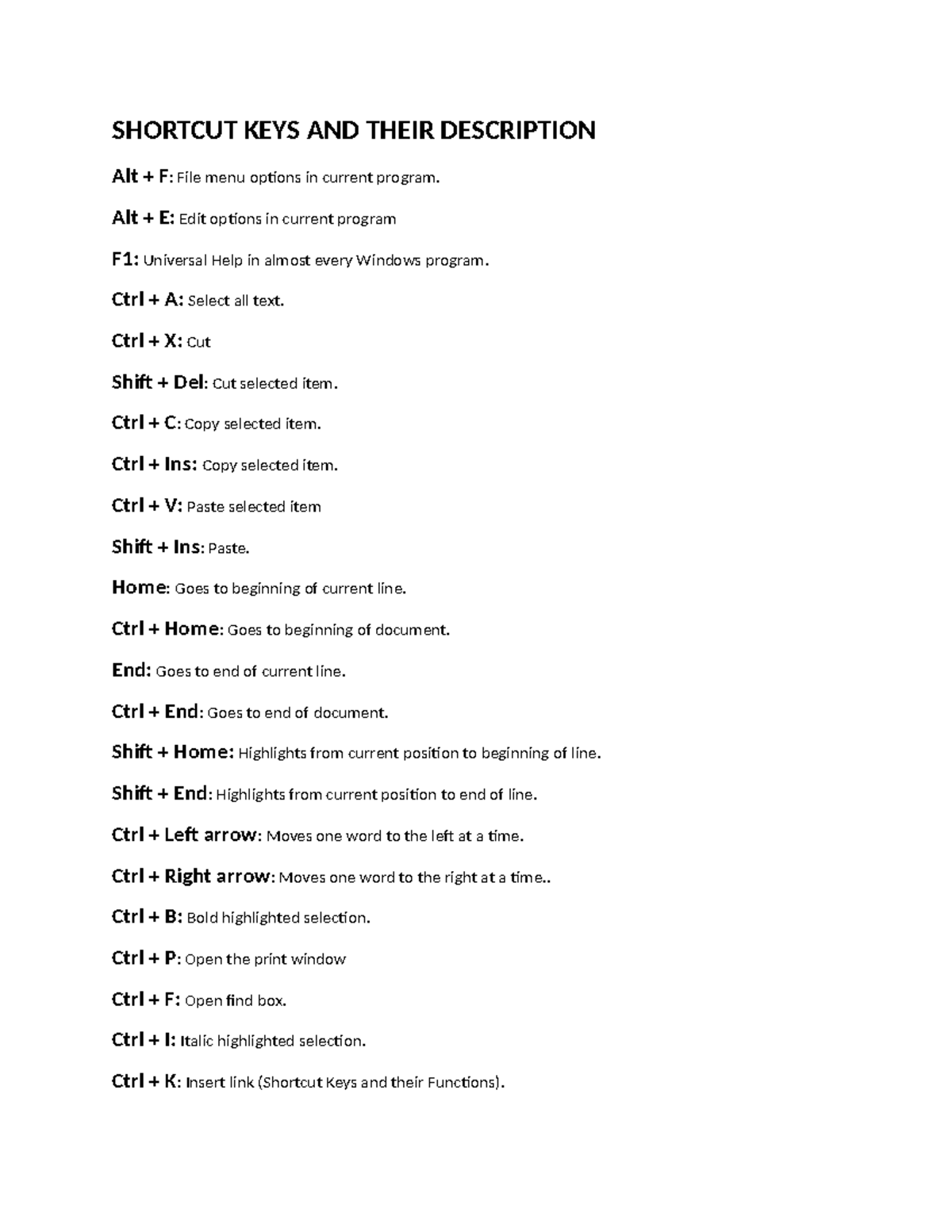 Shortcut Keys for ICT: Essential Notes and Functions - Studocu
