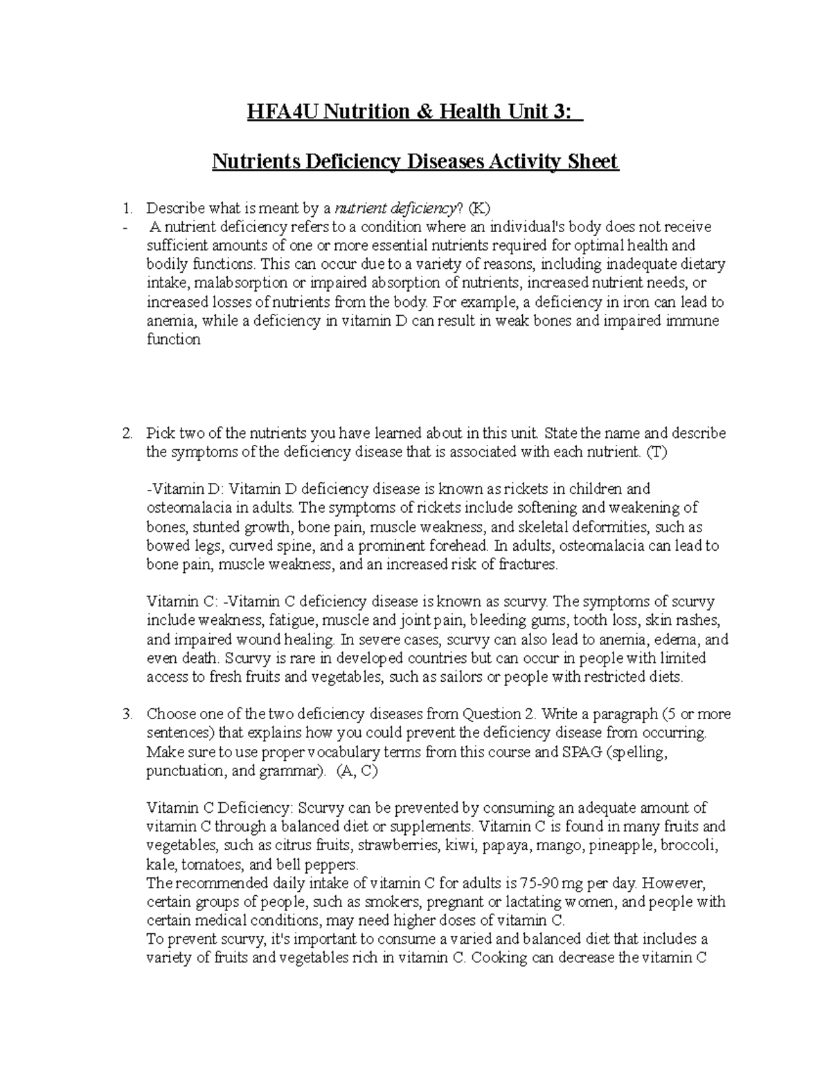 HFA4U Unit 3 Worksheet - Nutrient Deficiencies Overview - Studocu