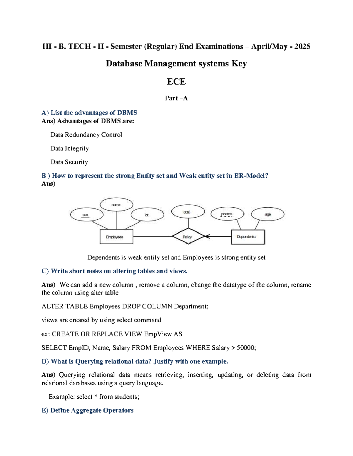 B. TECH II Sem (Reg) 2025 DBMS Exam Key: Concepts & Advantages Explained - Studocu