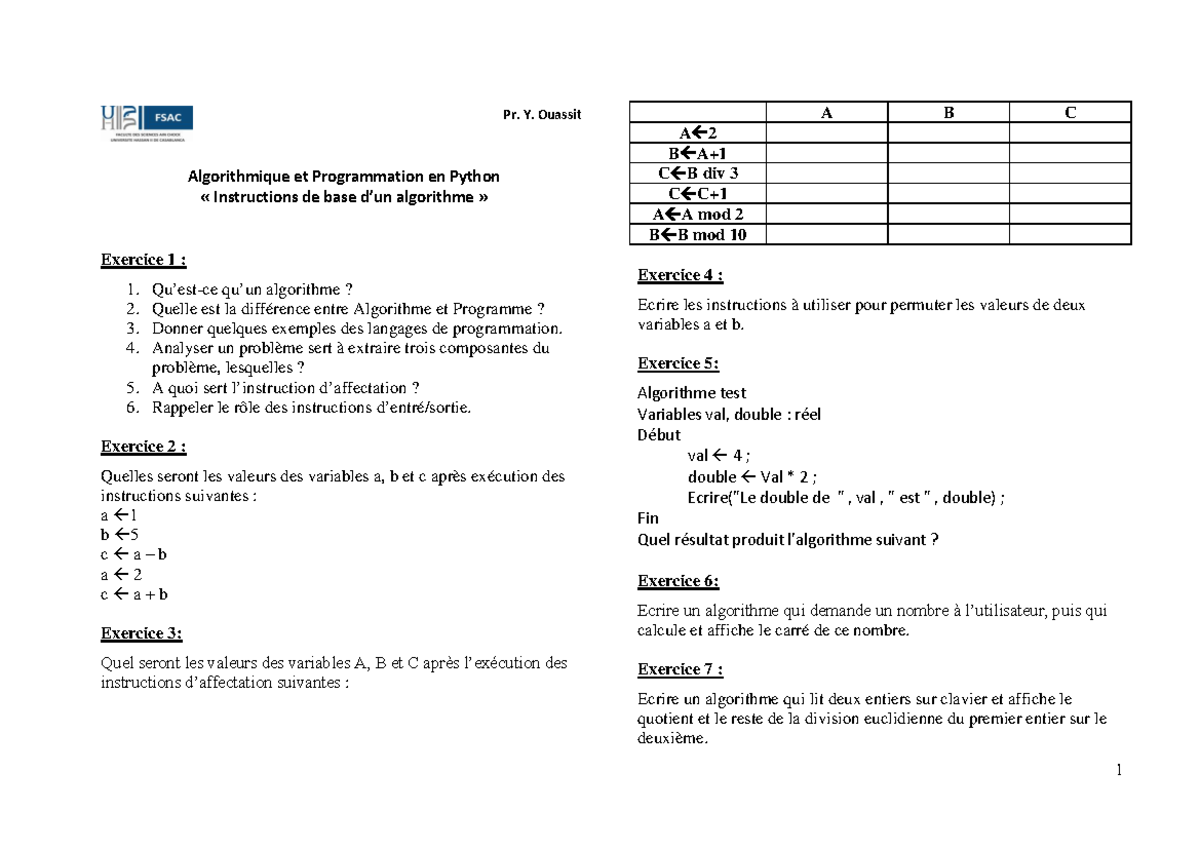 TD N° 1 Instruction de base - 1 Pr. Y. Ouassit Algorithmique et Programmation en Python « - Studocu