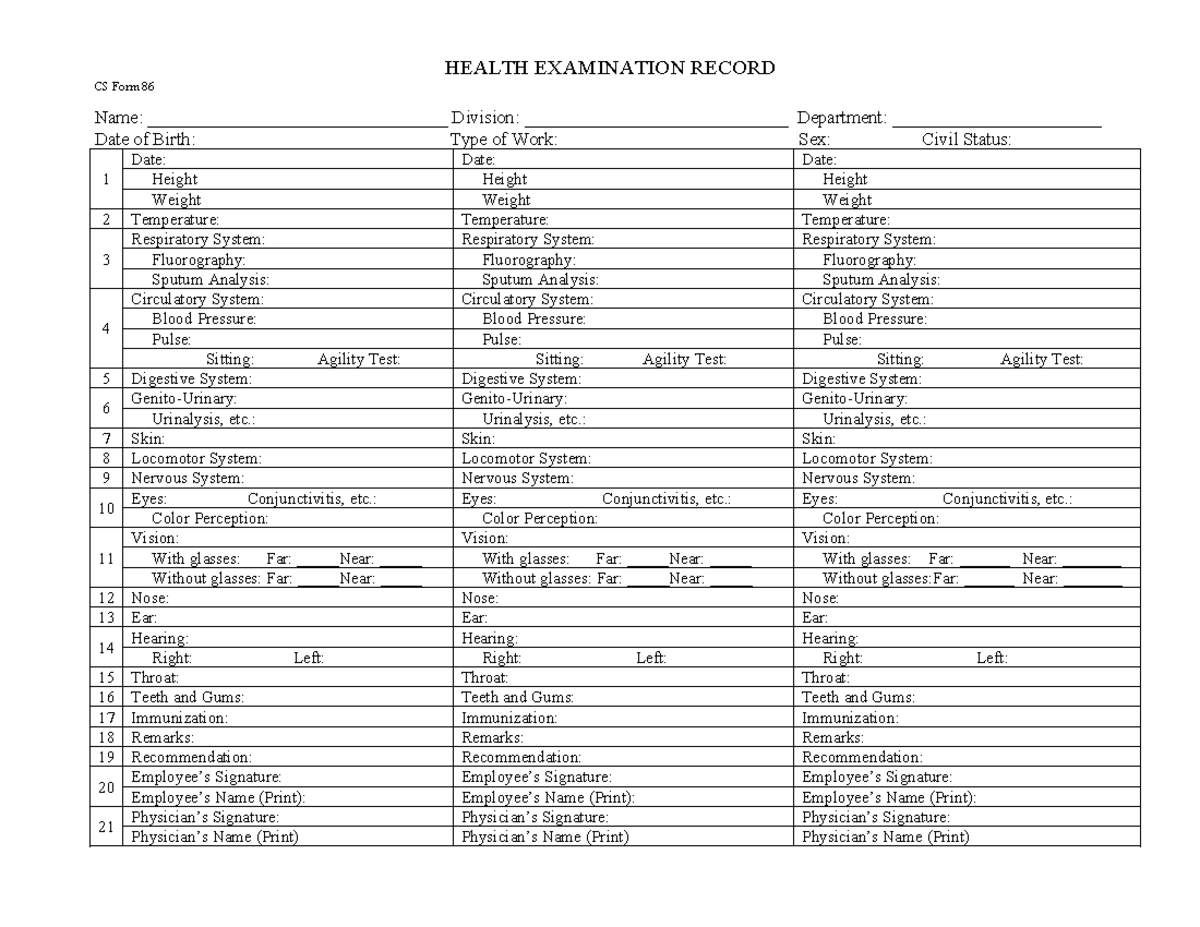 Sample DepEd Form 86 - Health Examination Record Template - Studocu