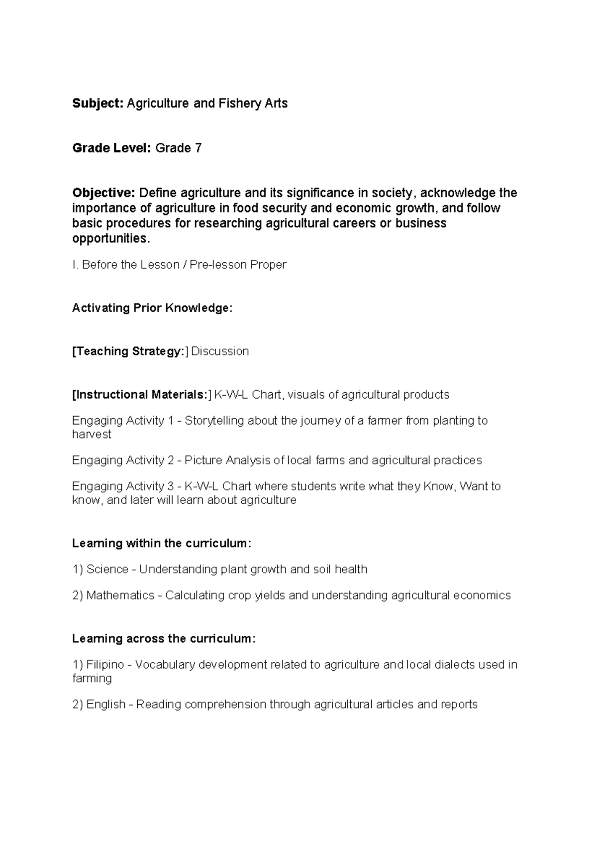 Agriculture Lesson Plan for Grade 7: Exploring Careers & Food Security ...