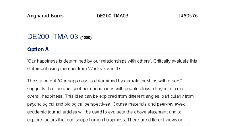 DE200 TMA03: Evaluating the Role of Relationships in Happiness - Studocu