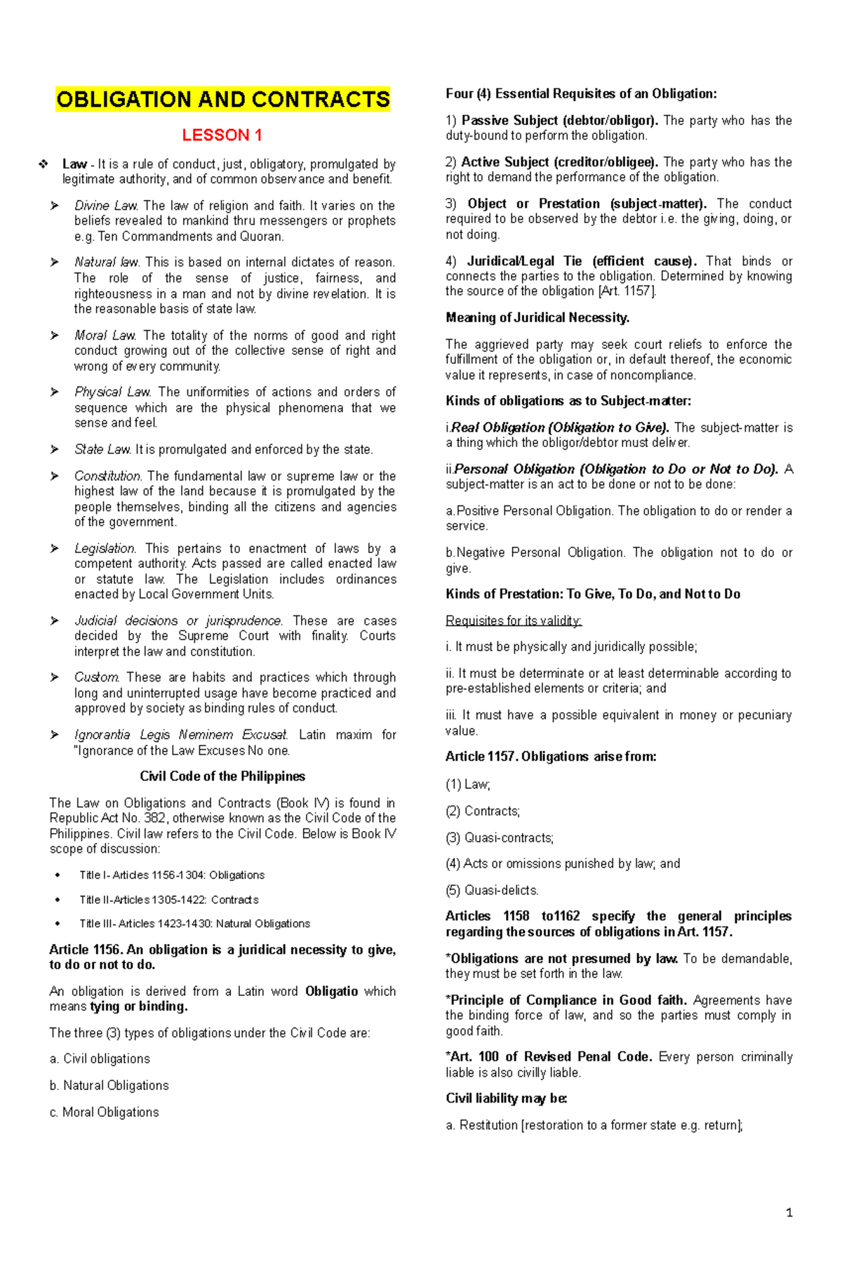 Oblicon Lesson 1.5: Introduction to Obligation and Contract Principles ...