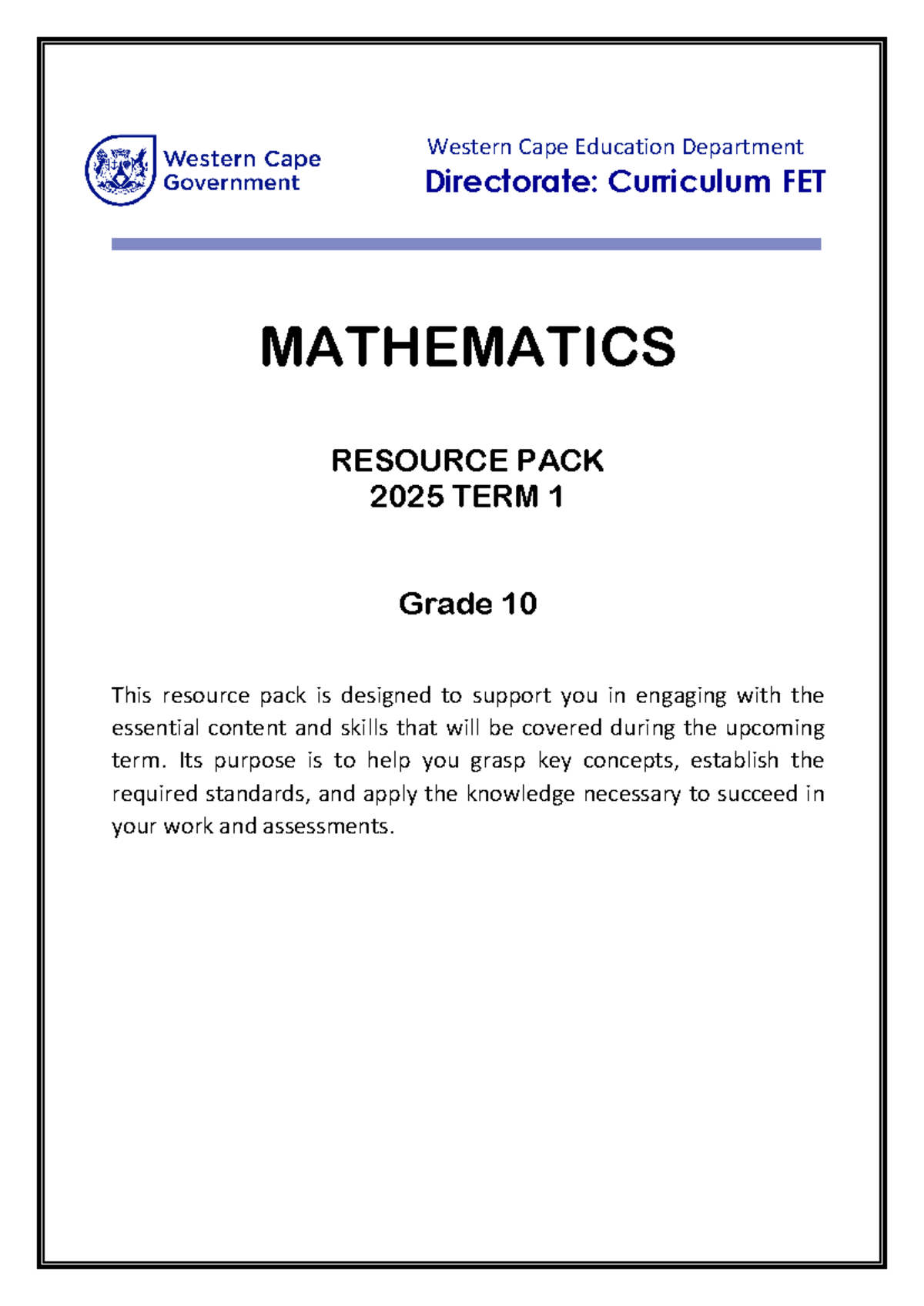 Gr 10 Mathematics Resource Pack - Term 1 Revision 2025 - Studocu