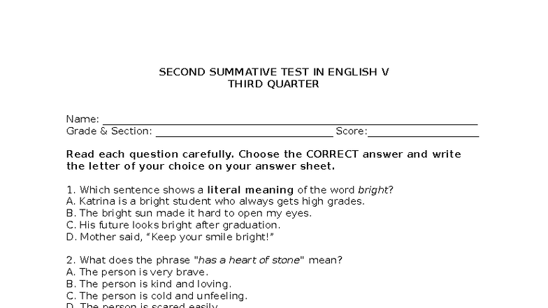 2nd Summative Test Q3 in English V - Studocu