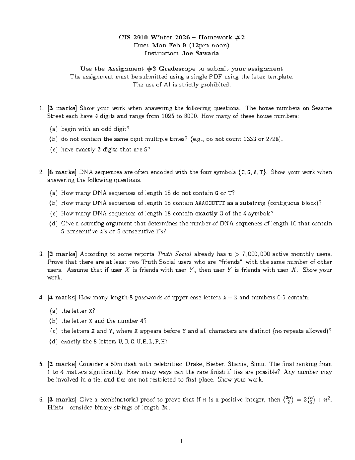 CIS 2910 Winter 2026 Assignment 2: Homework Instructions and Questions ...