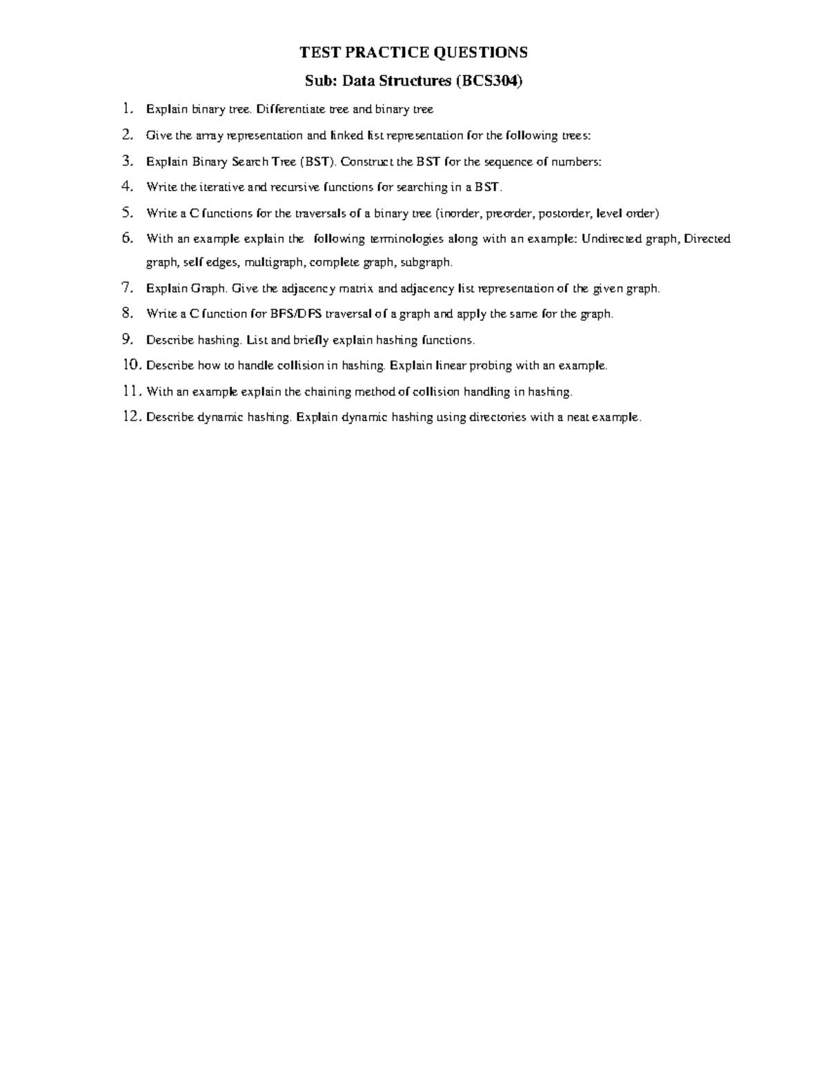 TEST PRACTICE QUESTIONS for Data Structures (BCS304) - Studocu