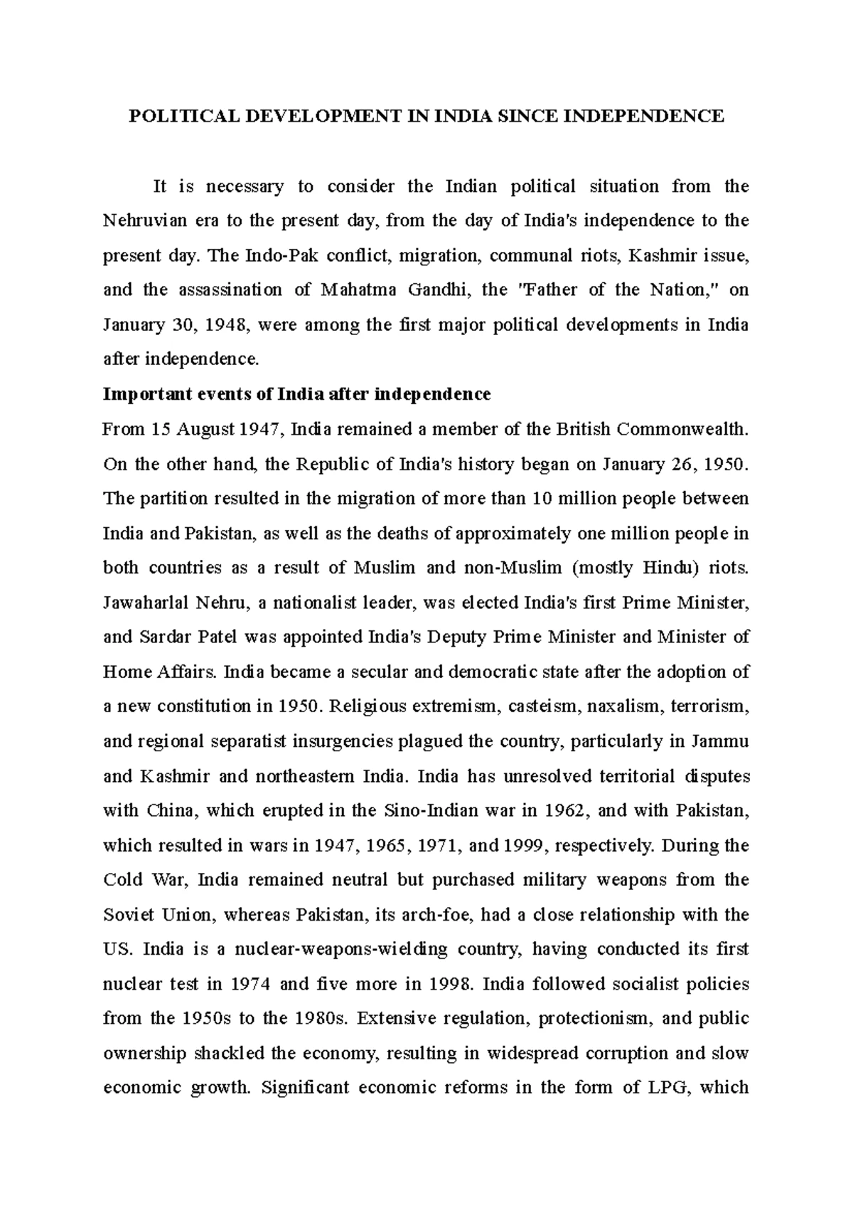 Political development in India since Independence - POLITICAL ...