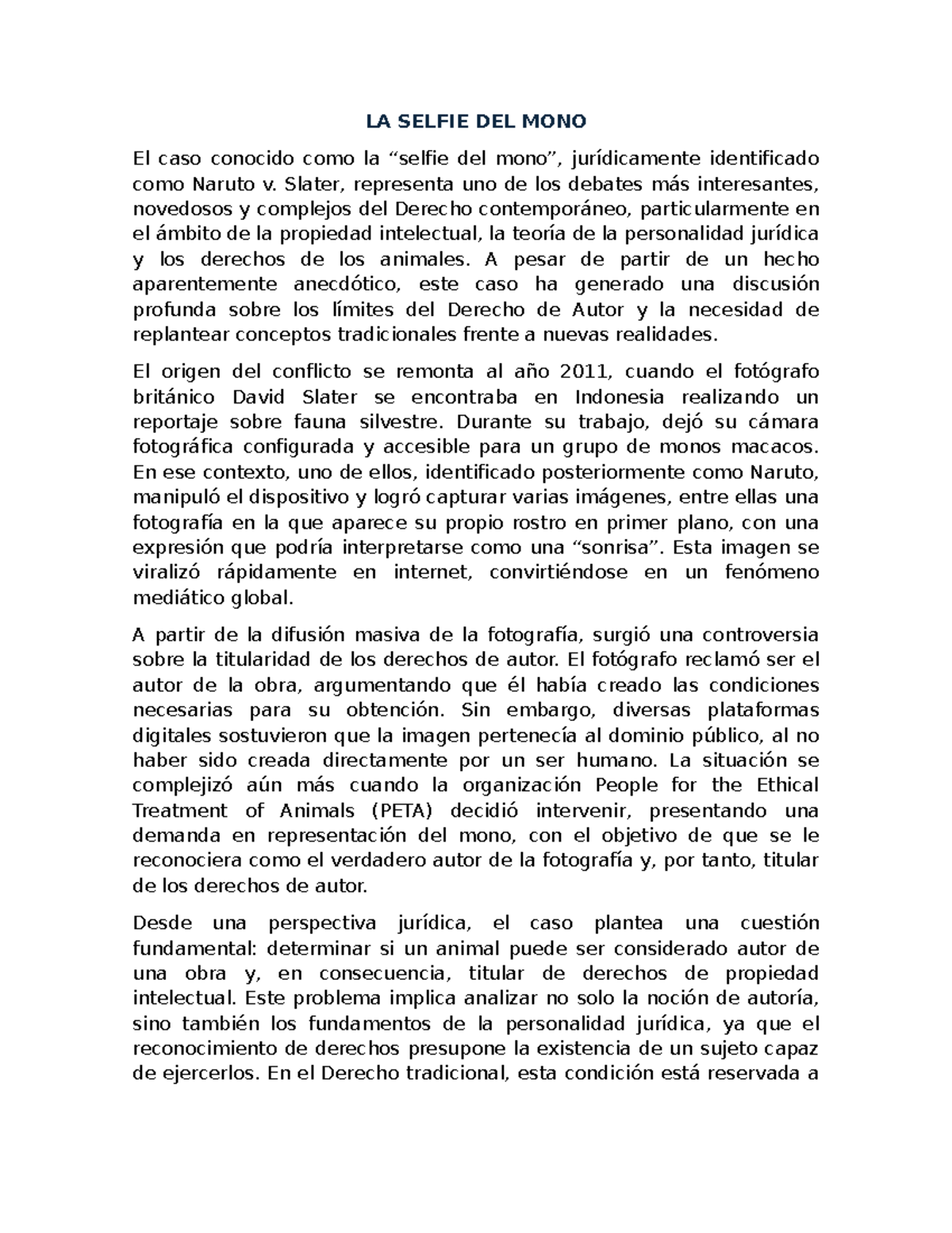LA SELFIE DEL MONO: Análisis del Caso Naruto v. Slater - Studocu