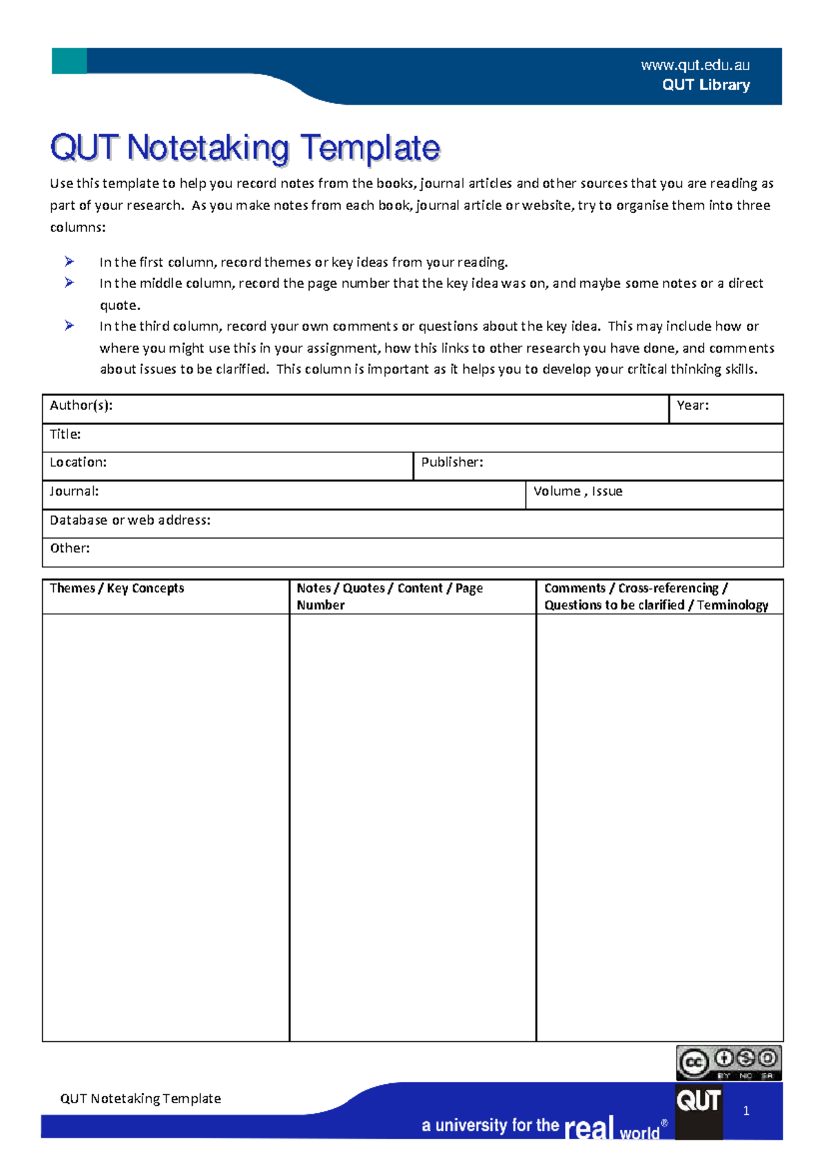 QUT Notetaking Template for Research and Critical Thinking - Studocu