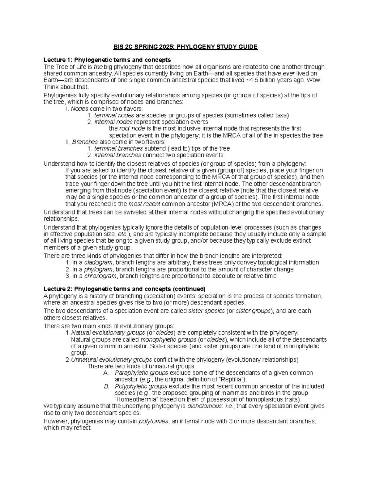 BIS 2C SPRING 2025: PHYLOGENY STUDY GUIDE & INFERENCE METHODS - Studocu