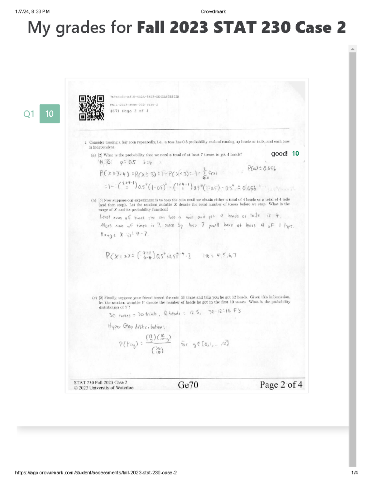 Case 2 - Quiz tutorial questions - Stat 230 - 8:33 PM Crowdmark My ...