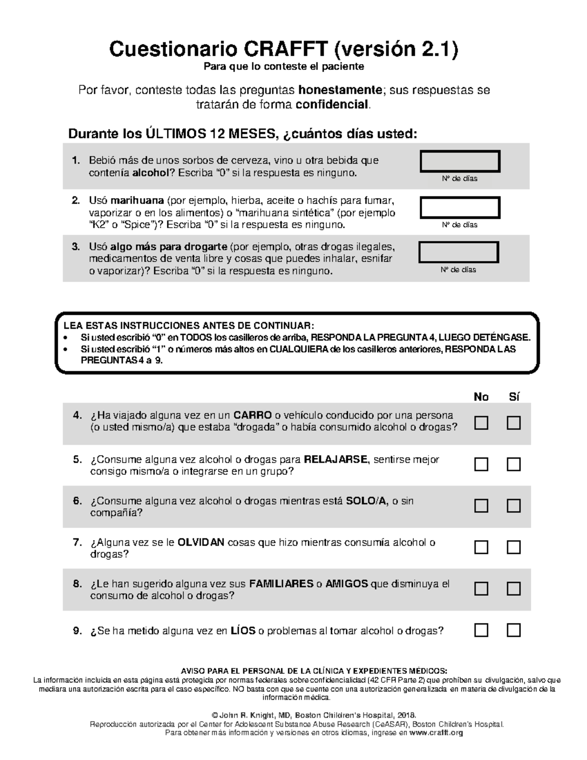 Cuestionario CRAFFT 2.1 para Evaluación de Consumo de Sustancias - Studocu