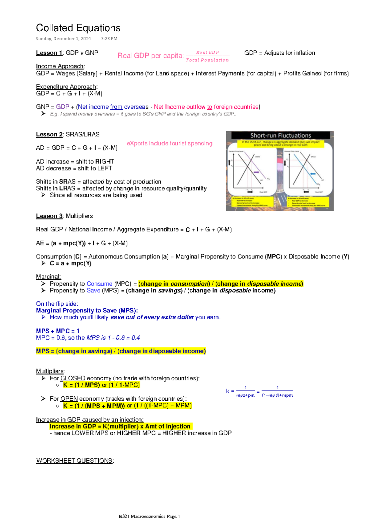 B321 Macroeconomics: Comprehensive Equations and Key Concepts - Studocu