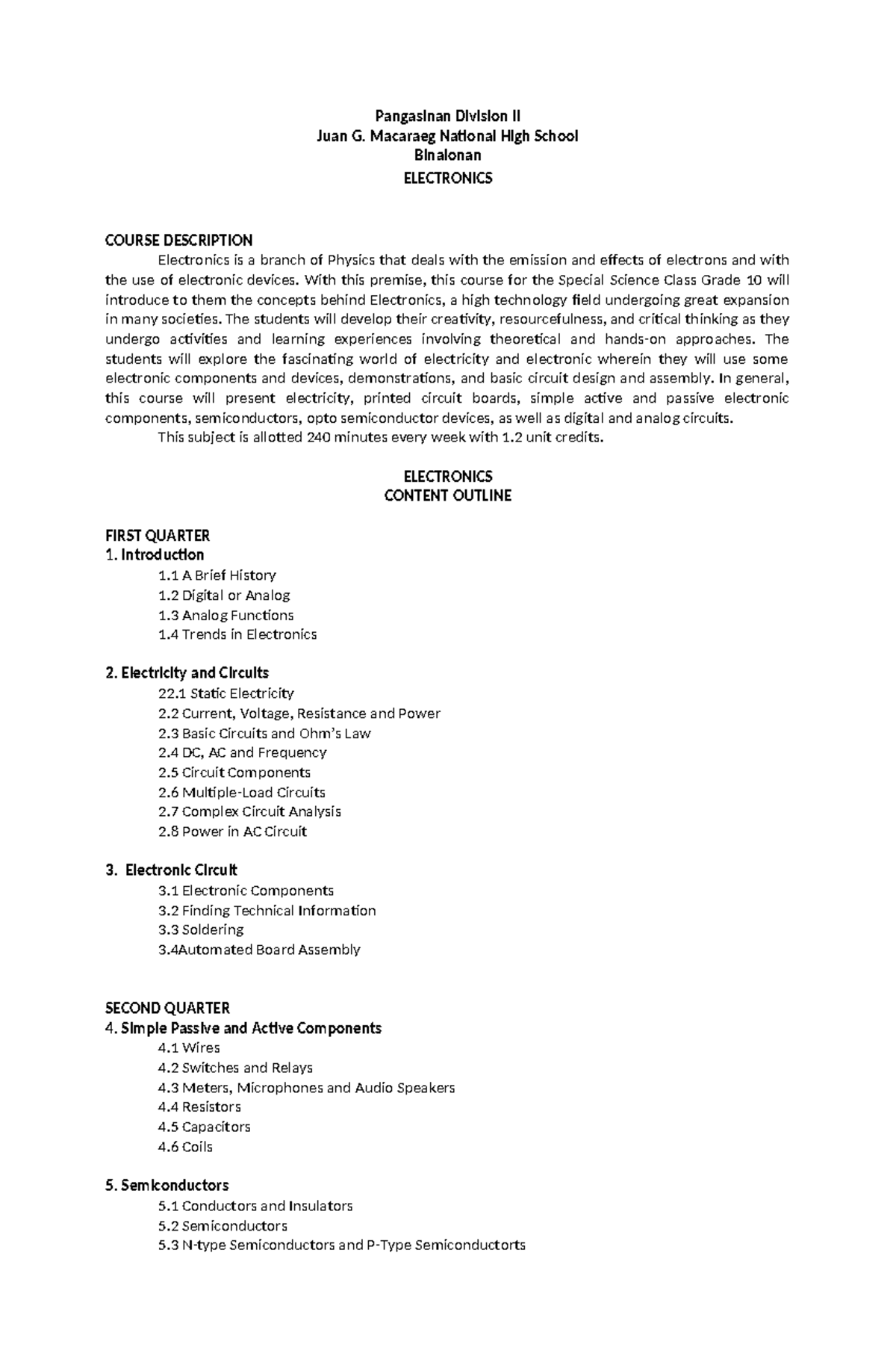 Electronics Course Outline for Special Science Class (Grade 10) - Studocu