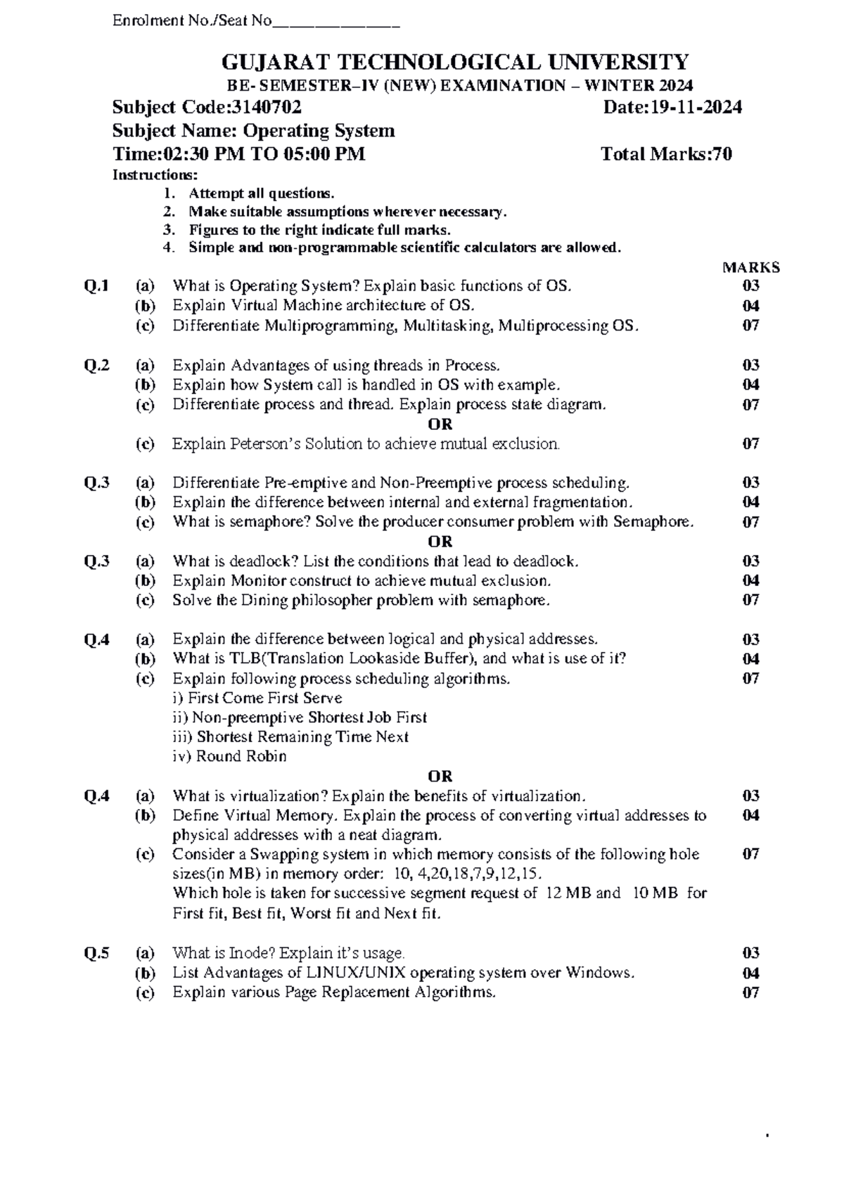 GTU 3140702 Operating System Previous Year Exam Papers (Winter 2020 ...