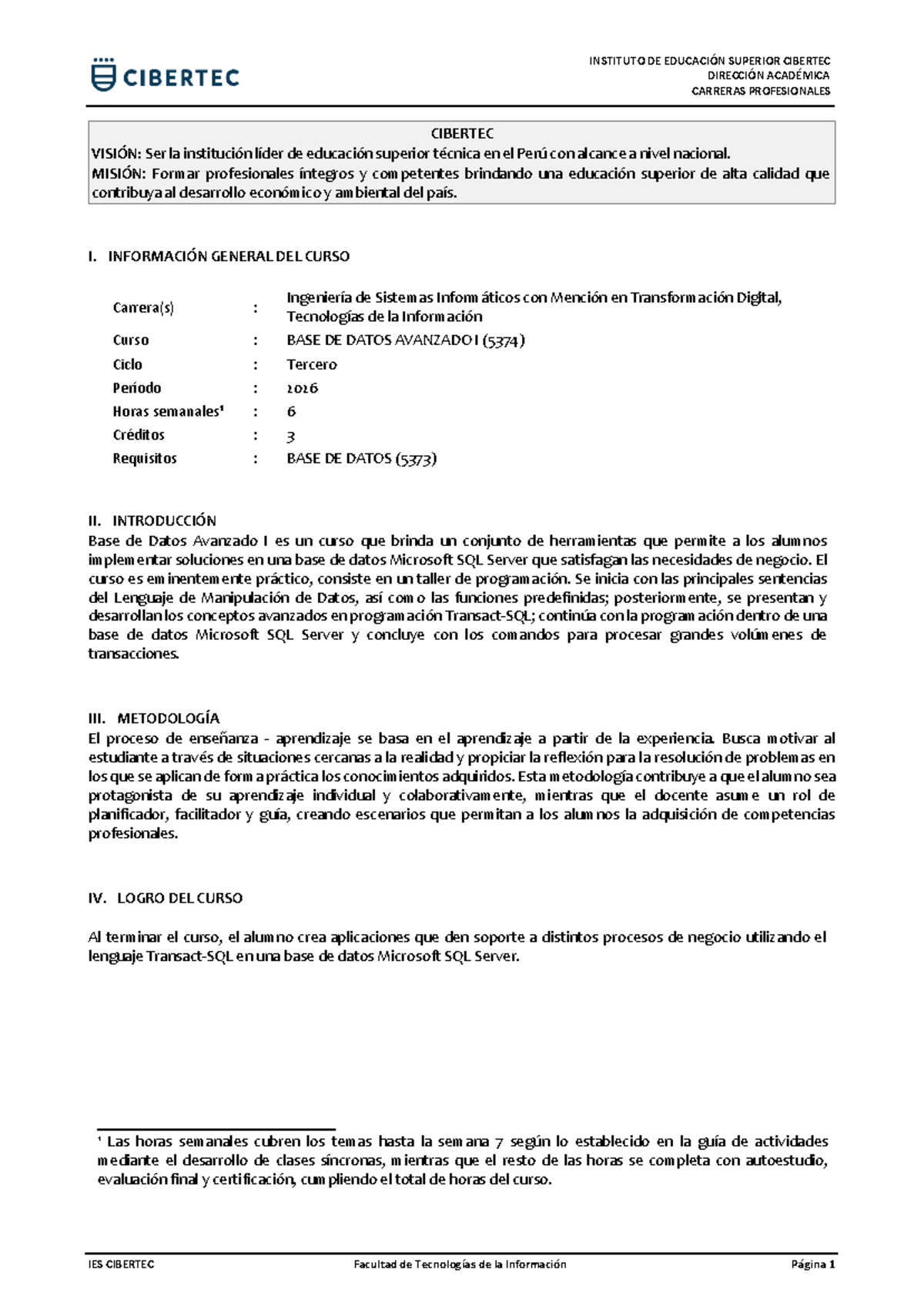 Sílabo del Curso: Base de Datos Avanzado I (5374) - IES Cibertec - Studocu