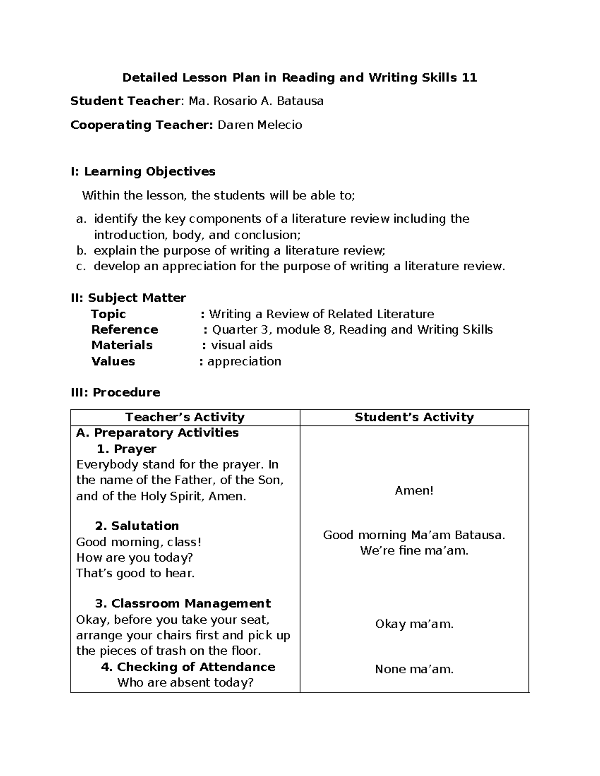 Detailed Lesson Plan: Writing a Literature Review for RW 11 - Studocu