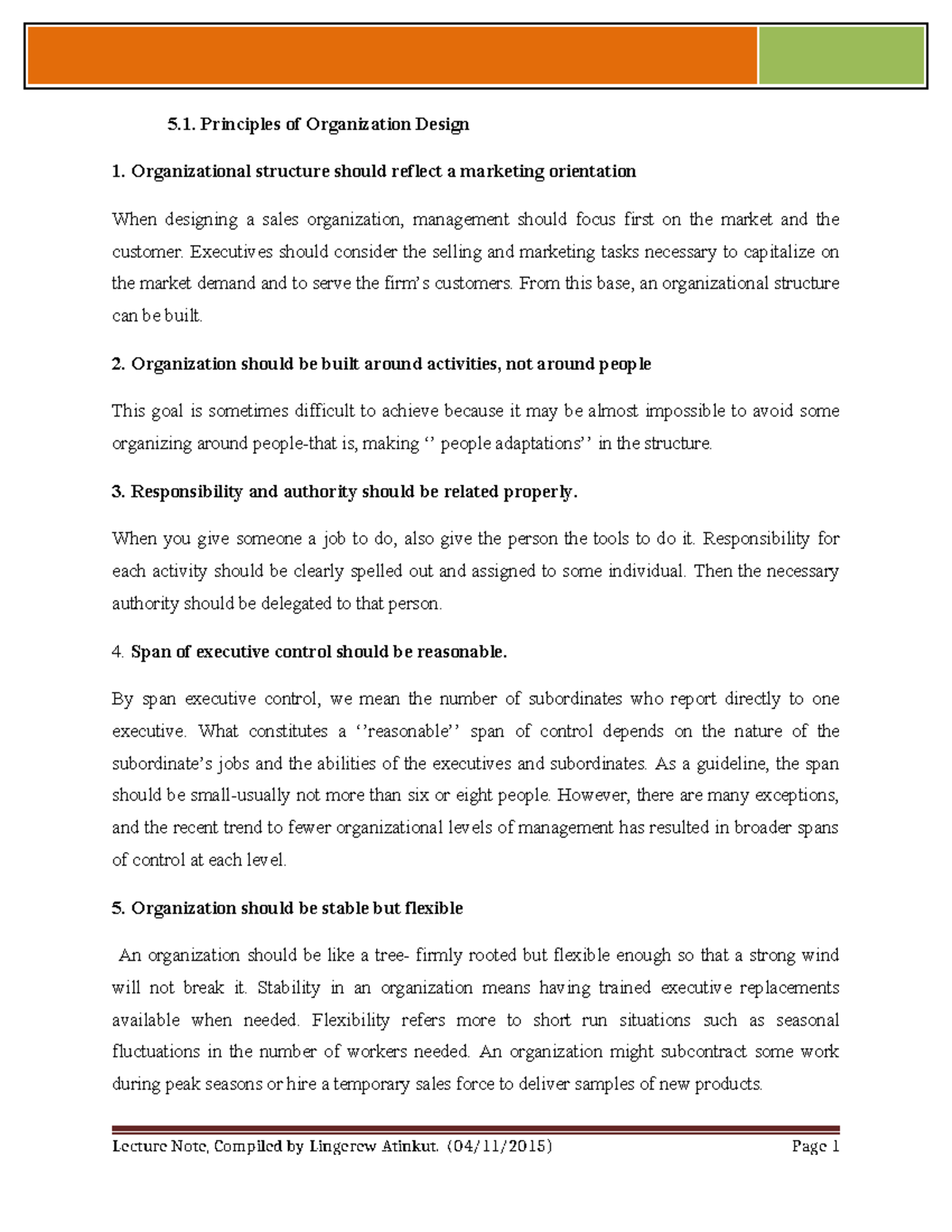Sales Management Chapter 5: Principles of Organization Design - Studocu