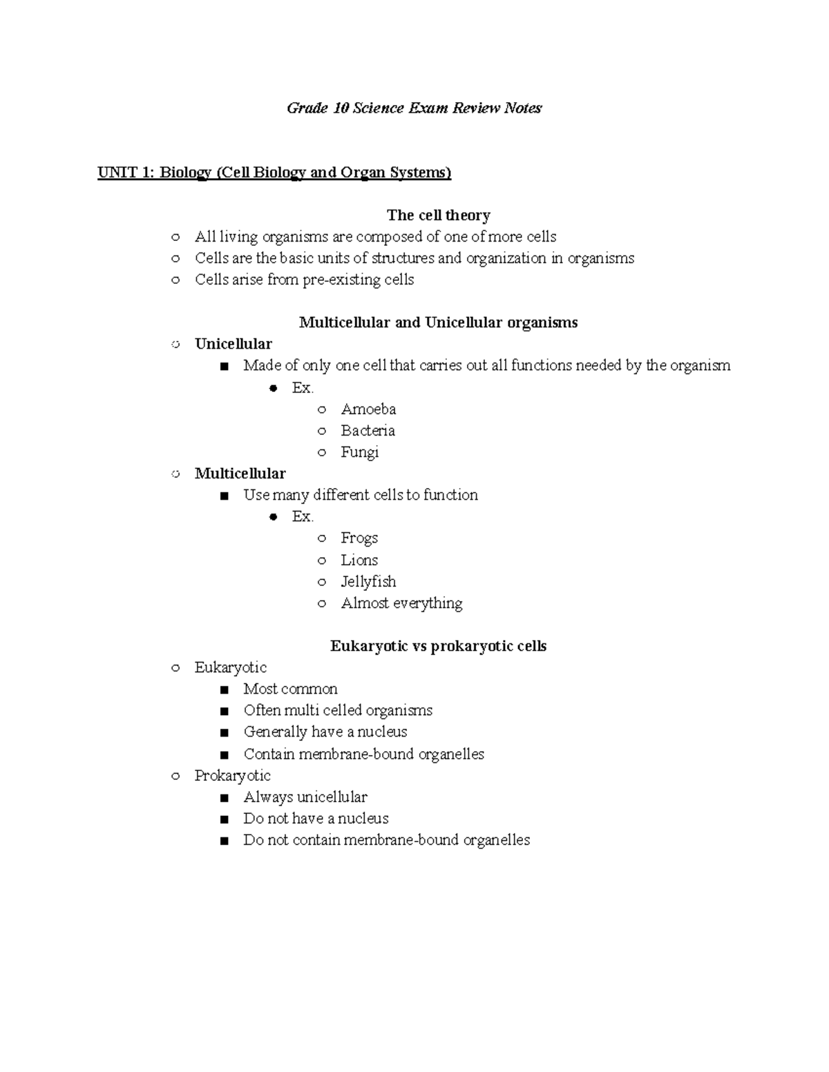 Grade 10 Science Exam Review - Grade 10 Science Exam Review Notes UNIT ...