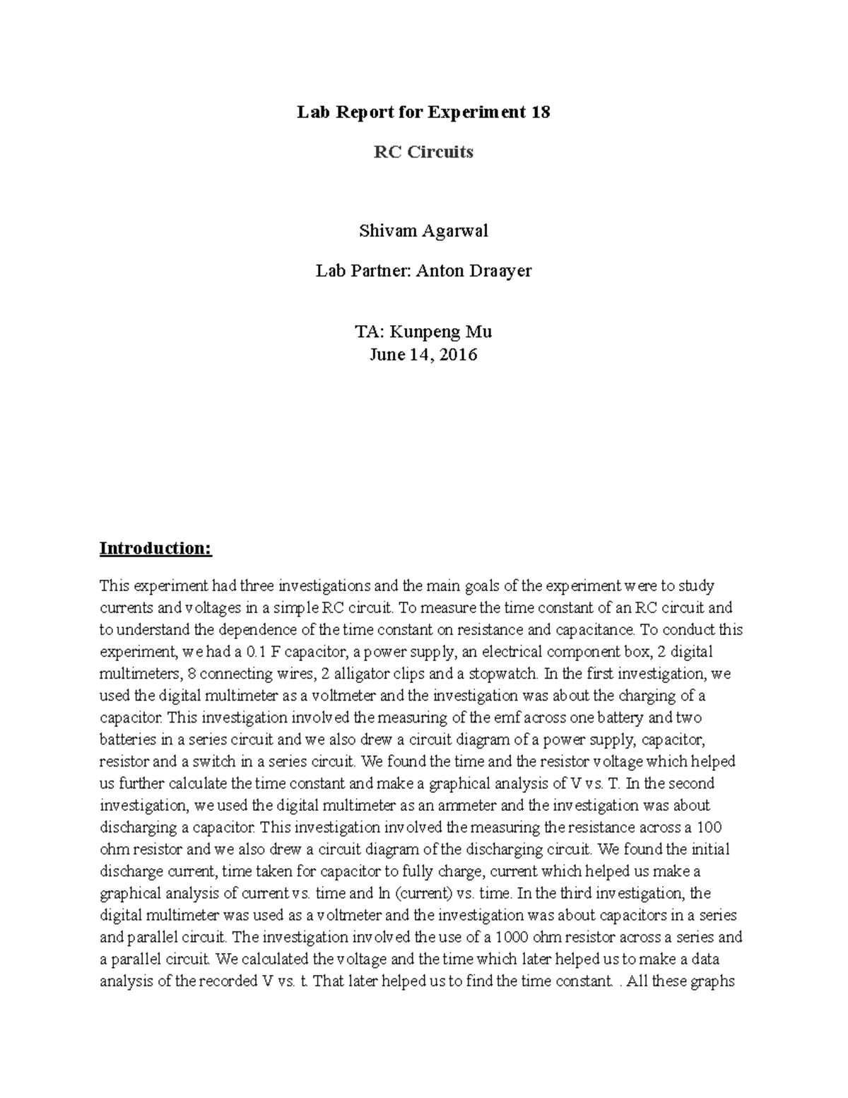 Lab 5 - Lab Report on RC Circuits: Investigating Time Constants - Studocu