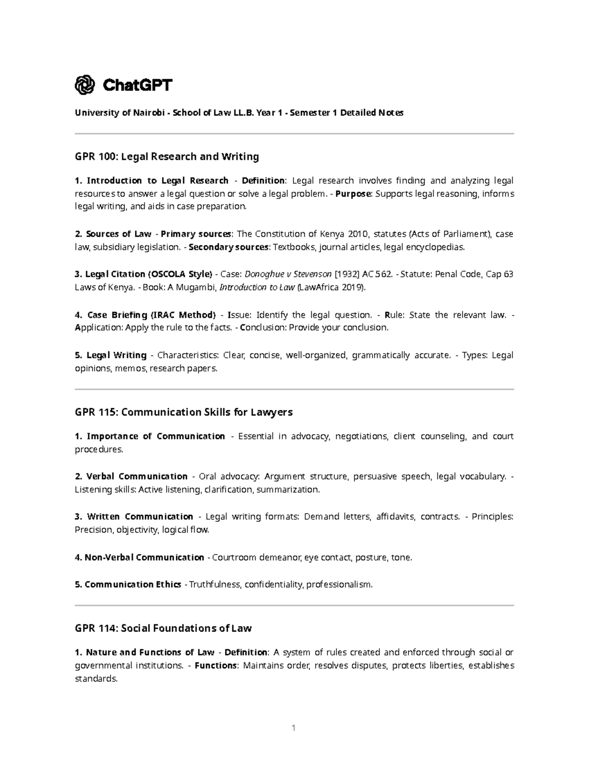 UoN Law LL.B. Year 1 Sem 1 Detailed Notes: GPR 100, 115, 114 - Studocu
