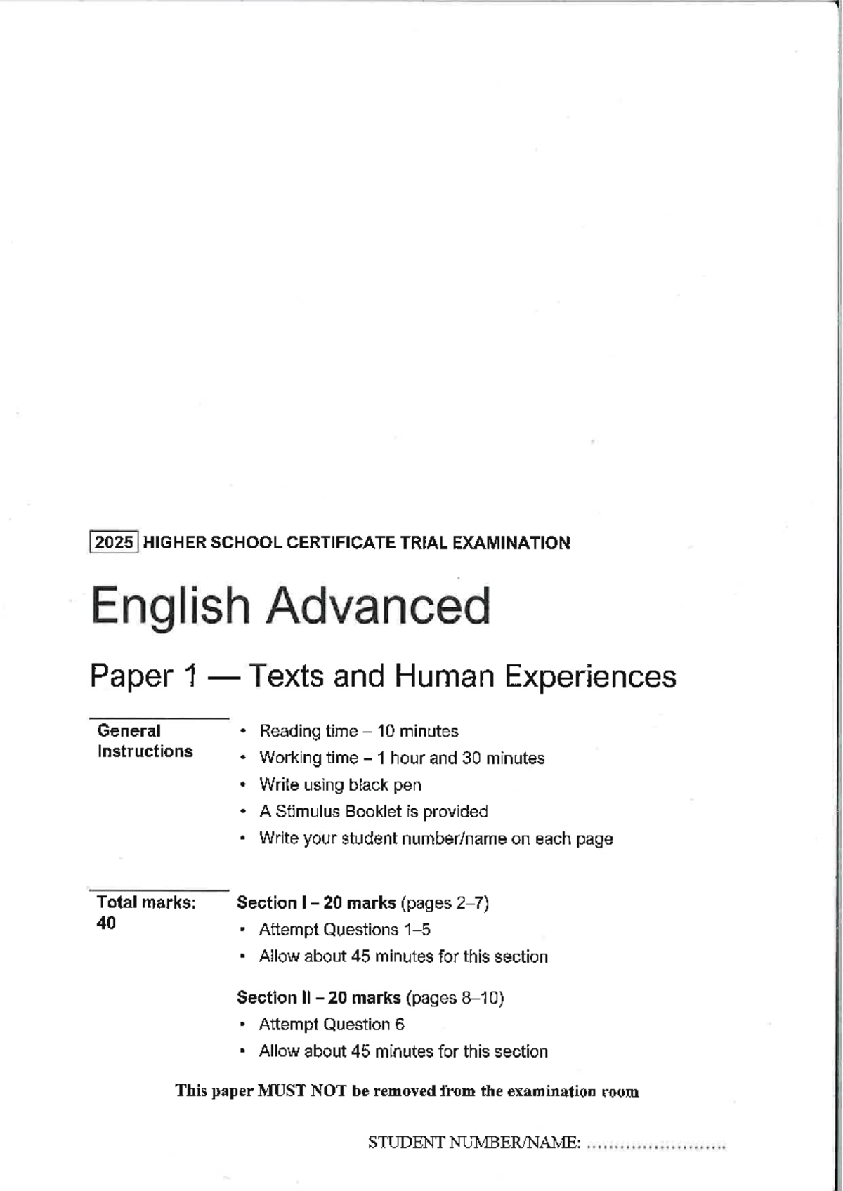 2025 HSC Trial Exam: English Advanced Paper 1 - Texts & Human ...