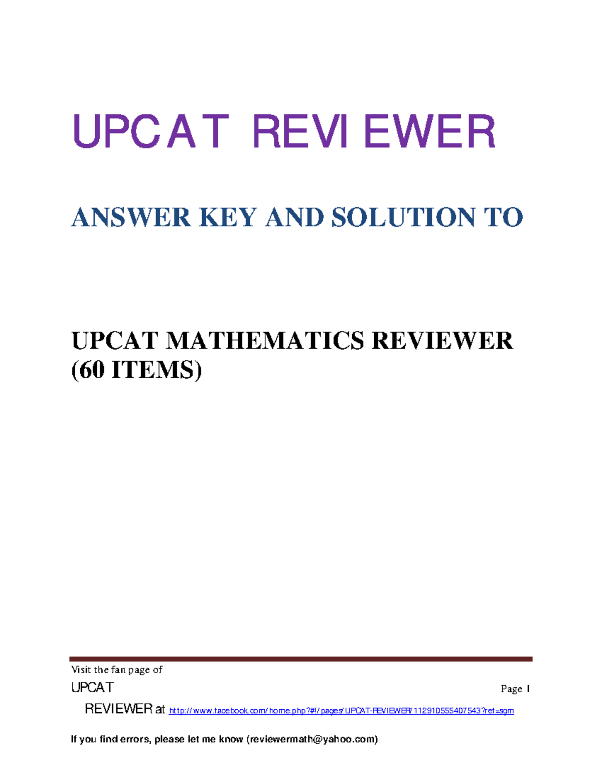 UPCAT Mathematics Reviewer Solutions (60 Items) - Studocu