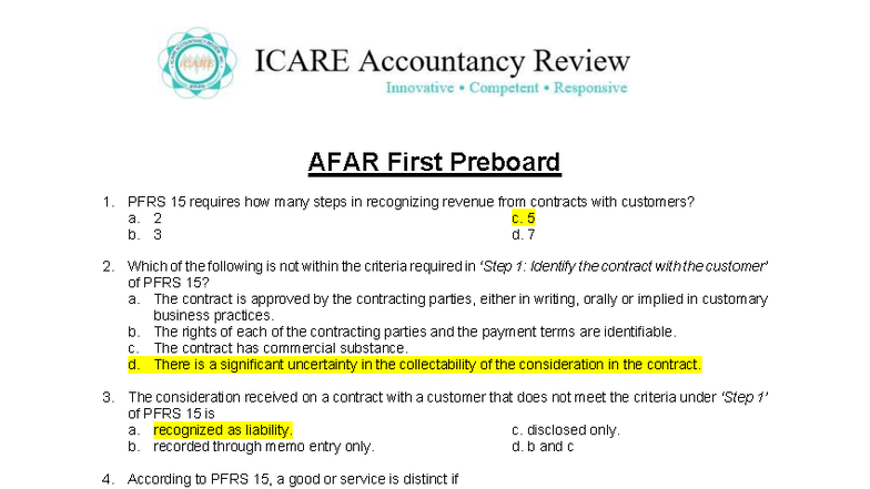 AFAR First Preboard Answer Key: Revenue Recognition & PFRS 15 - Studocu