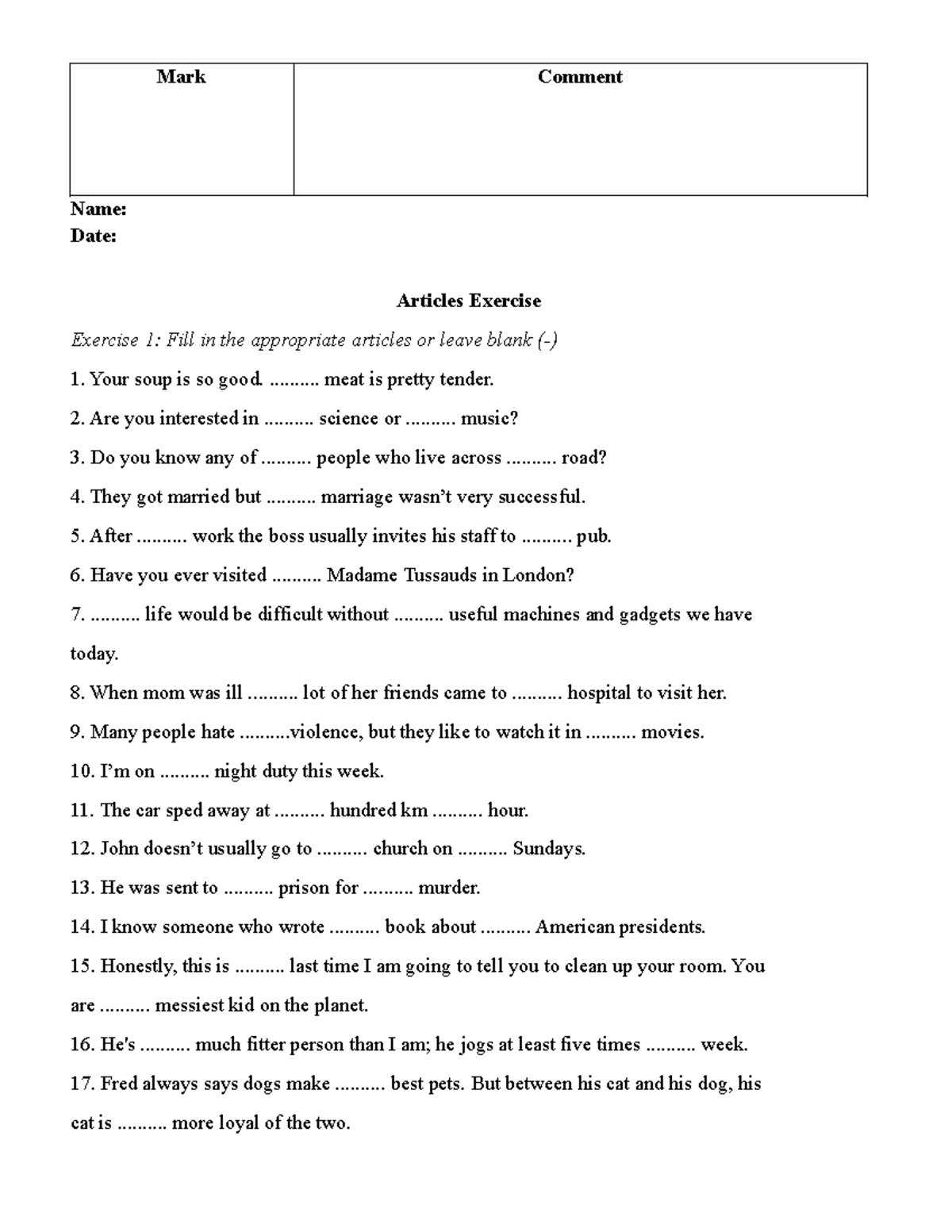 Articles and Quantifiers Exercise (ENG 101) - Studocu